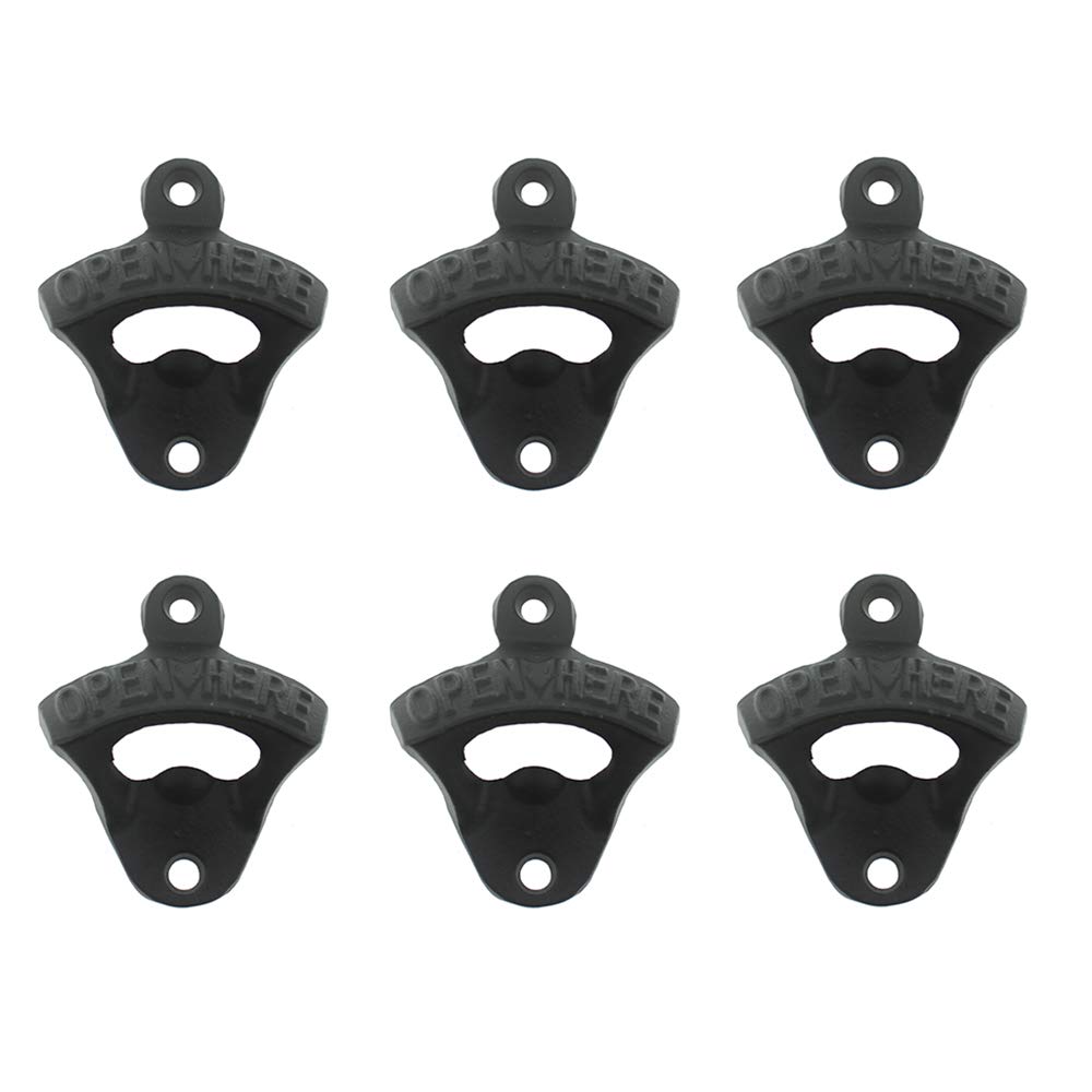 Luwanburg 6 PCS Black Cast Iron Beer Bottle Opener Wall Mounted Bottle Cap Opener Open Here for Man Cave Patio Bar