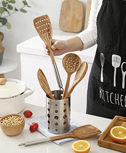 Olive Wooden Spoons for Cooking, NAYAHOSE 5 Pcs Cooking Utensils Set with Stainless Steel Handle, Heat-Resistant Olive Wood Spatulas for Non-Stick Pan