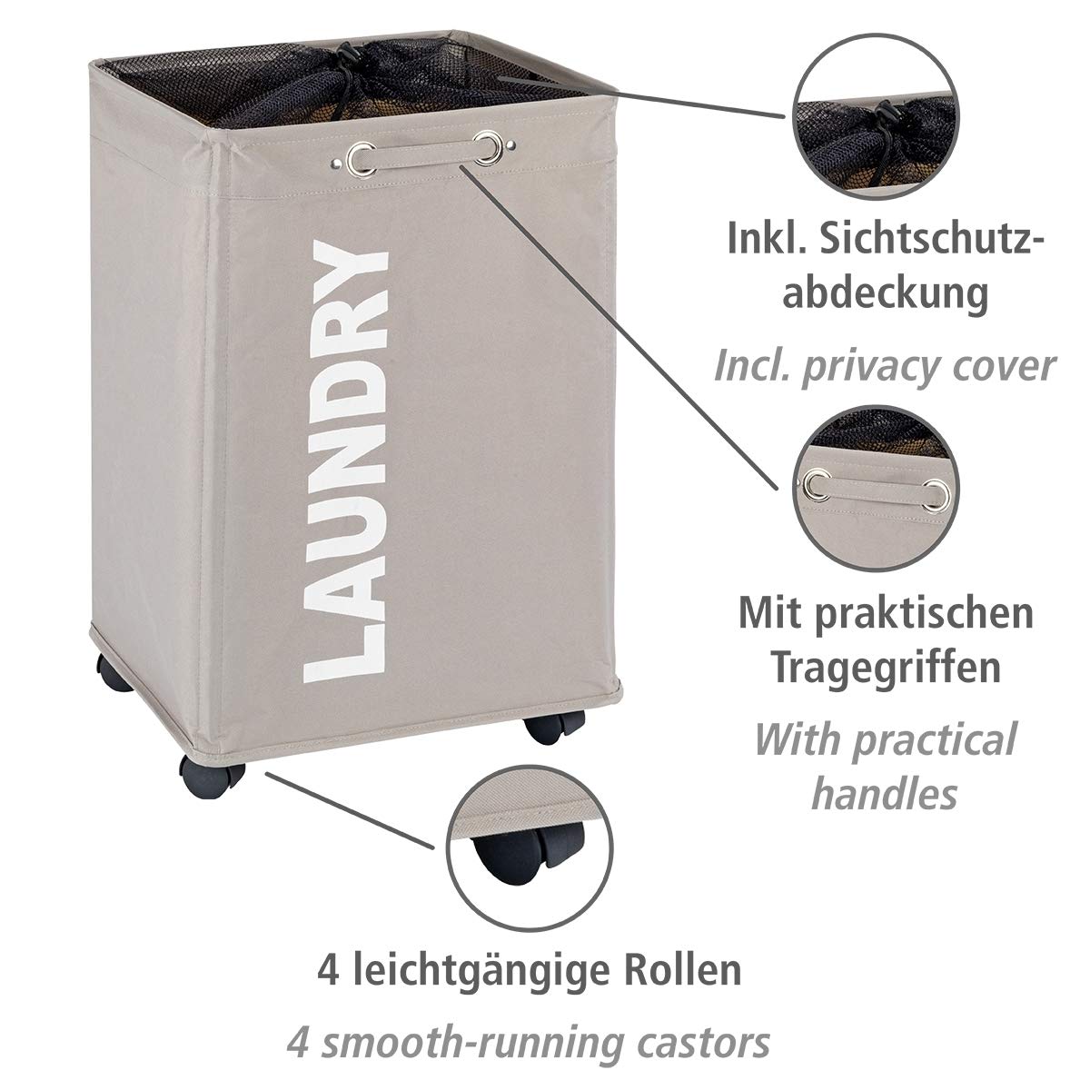 WENKO Quadro Slim Laundry Basket with Wheels and Privacy Cover, Collector, Laundry Basket with Wheels, Space Saving Narrow Laundry Hamper, Clothes Storage, Capacity 20 Gal, Gray