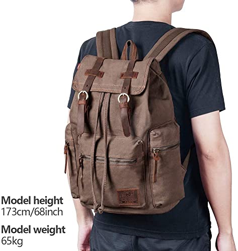 PKUVDSL Canvas Backpack, Series Vintage Leather Rucksack, 15.6’’ Laptop Backpack, Military Satchel Backpack for Men Women Traveling Hiking
