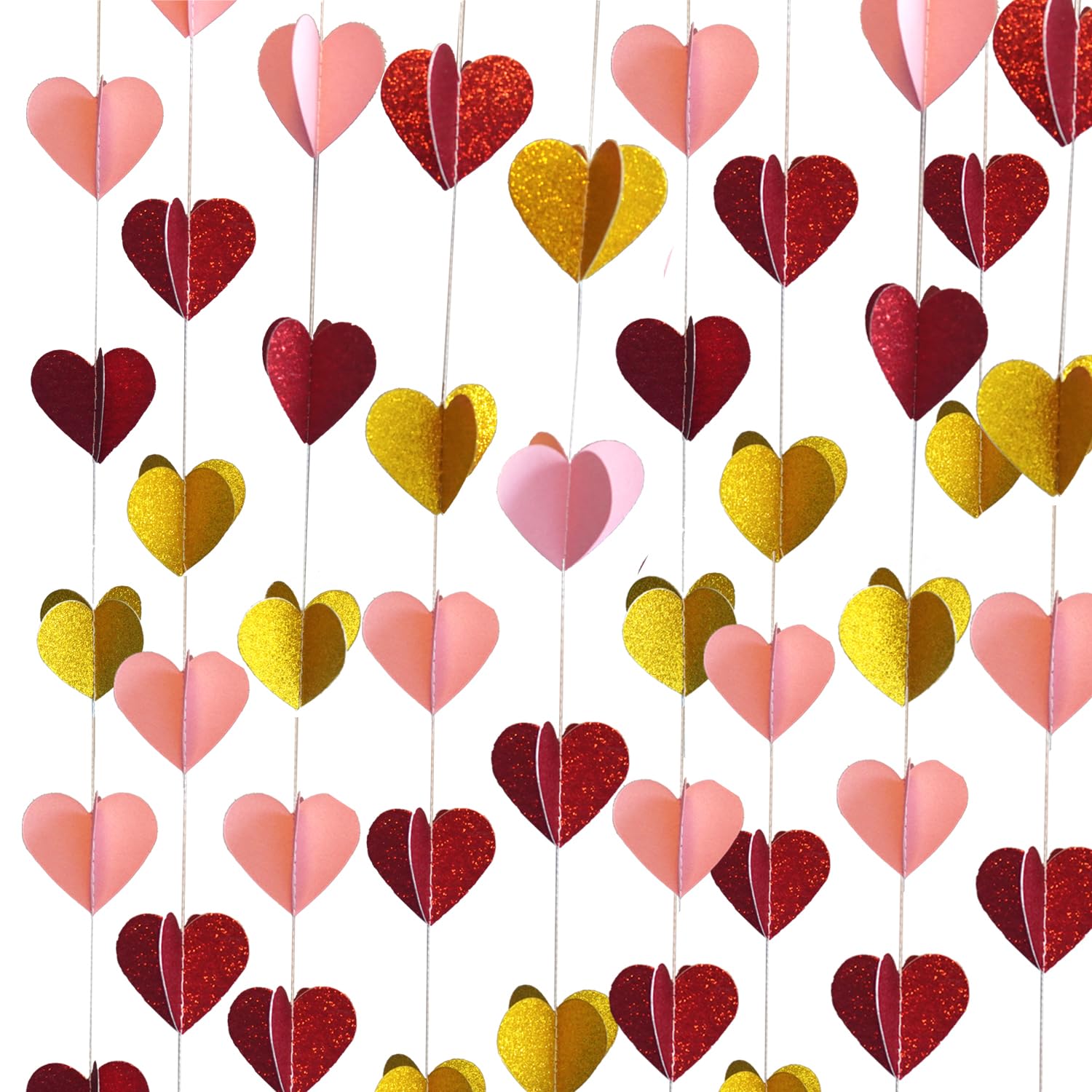 Rose-Red Gold Party Decoration, 3D Heart Garland 53Ft Hanging Love Heart Streamers, 3Packs Pink Bachelorette Party Favors Hearts Décor Valentine’s Day Birthday Engagement Wedding Bridal Shower Banner