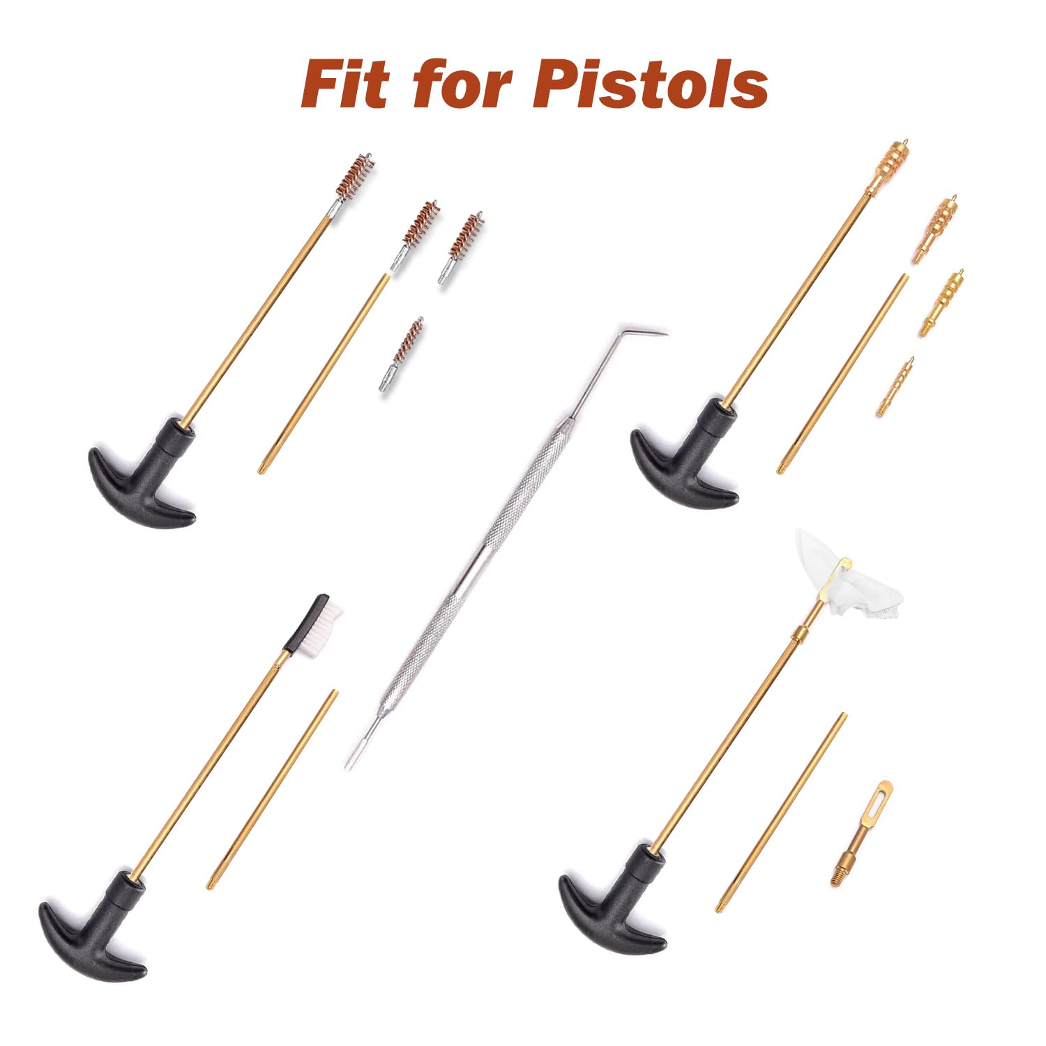 Gun Cleaning Kit 19 in 1 with Special 9mm Handgun Snake .22 .38 9mm .40 .45 Caliber Pistol Bronze Bore Brush and Brass Jag Adapter,100Pcs 3" Cotton Swabs Empty Bottle by DINGDOON