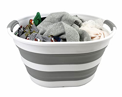SAMMART 23L (6 Gallons) Set of 2 Collapsible Plastic Laundry Basket - Oval Tub - Foldable Storage Container/Organizer - Portable Washing Tub - Space Saving Laundry Hamper (White/Grey)