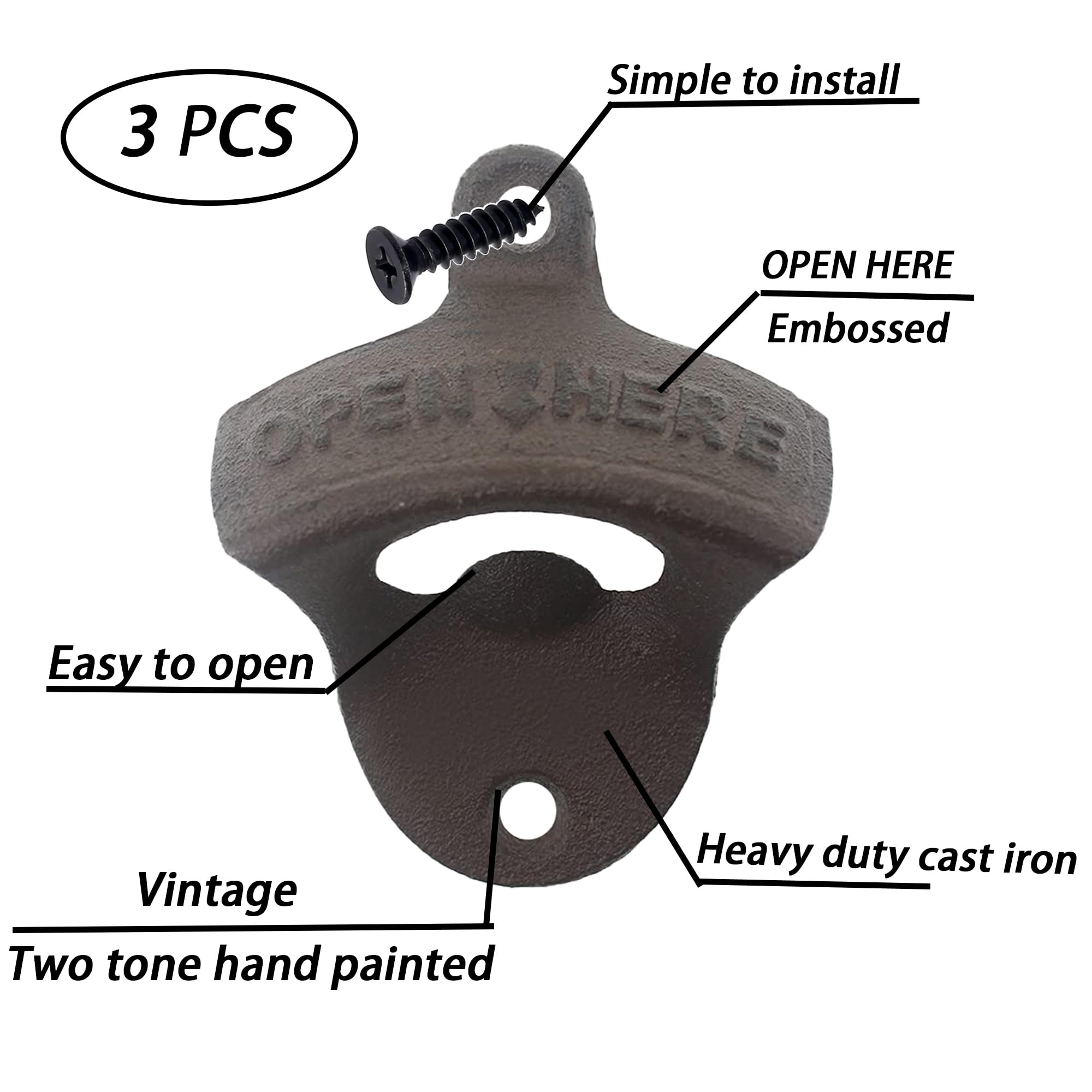 Luwanburg Rustic Cast Iron Beer Bottle Opener Wall Mounted Beer Cap Opener Vintage Open Here for Man Cave Party Gift (Pack of 3)