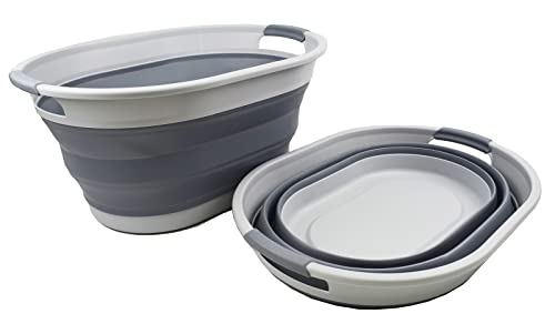 SAMMART 28L (7.4 gallon) Oval Collapsible Plastic Laundry Basket - Foldable Pop Up Storage Container/Organizer - Portable Washing Tub - Space Saving Hamper/Basket (Grey (Set of 2))
