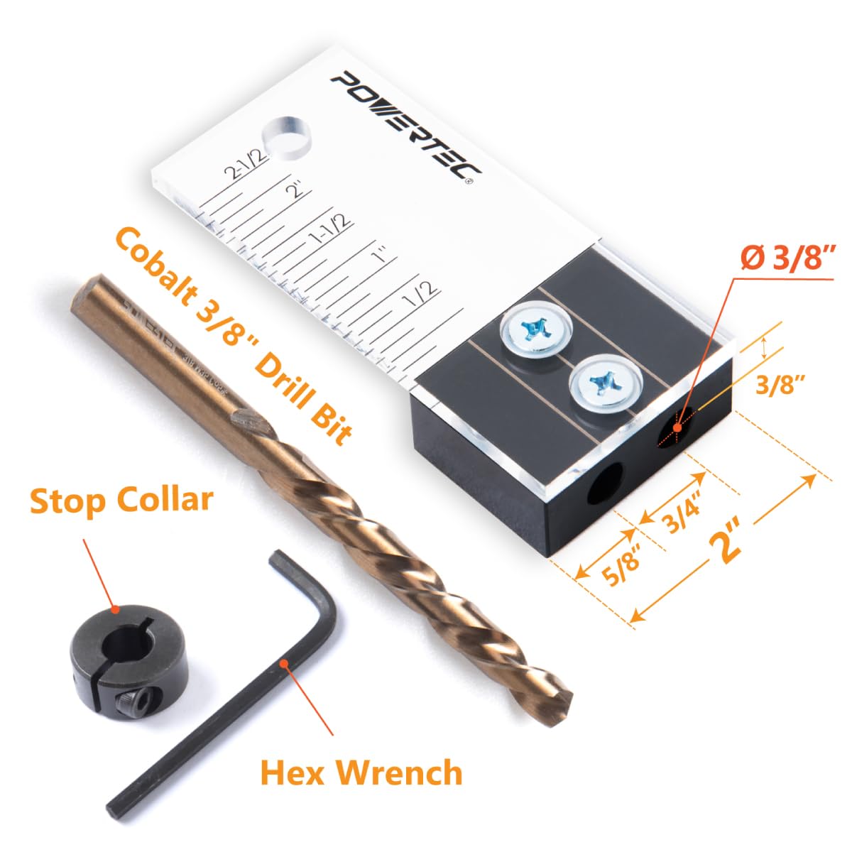 POWERTEC 71716 Dowel Drilling Jig with laser cut witness mark, included depth scale, Cobalt M-35 Drill Bit and Split Ring Stop Collar, 3/8-Inch