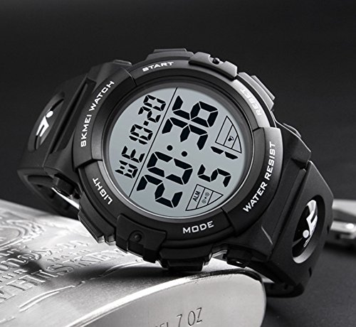 SKMEI Mens Big Dial Digital Watch Waterproof LED Chronograph Alarm Clock, Black, Strap