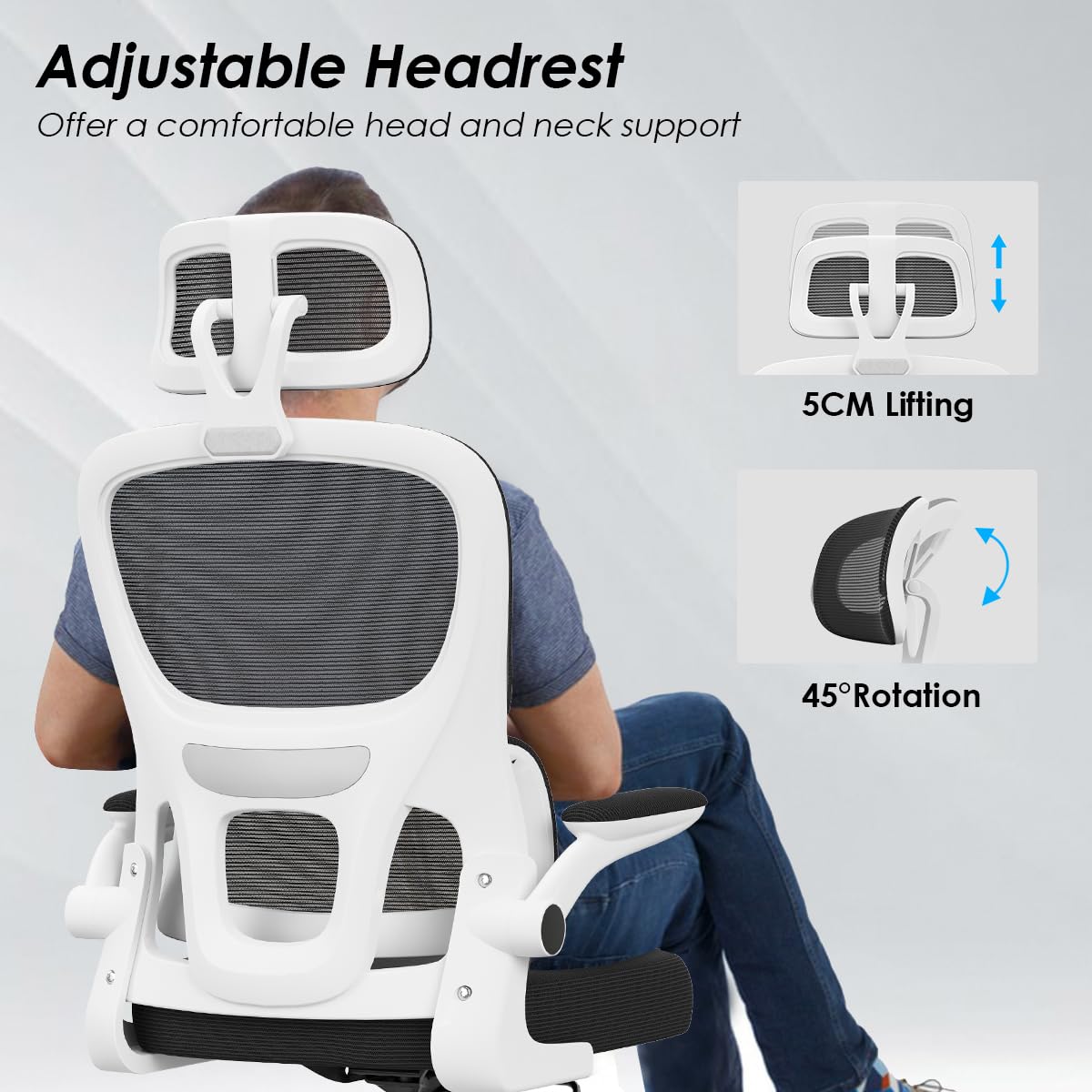 Soohow Ergonomic Home Office Chair, Mesh Desk Chair with Lumbar Support, Comfy Computer Desk Chair with Flip Armrest Rolling Wheels, White.