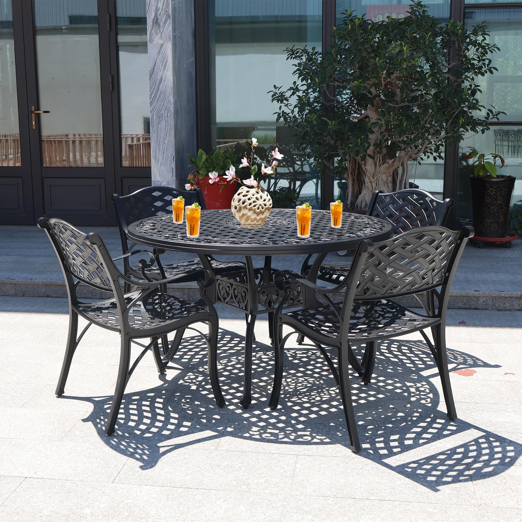 PATIO-IN 48.23" Patio Dinning Table, All-Weather Cast Aluminum Table with 2.36" Umbrella Hole, Patio Furniture Table, Outdoor Dining Table for Backyard and Poolside