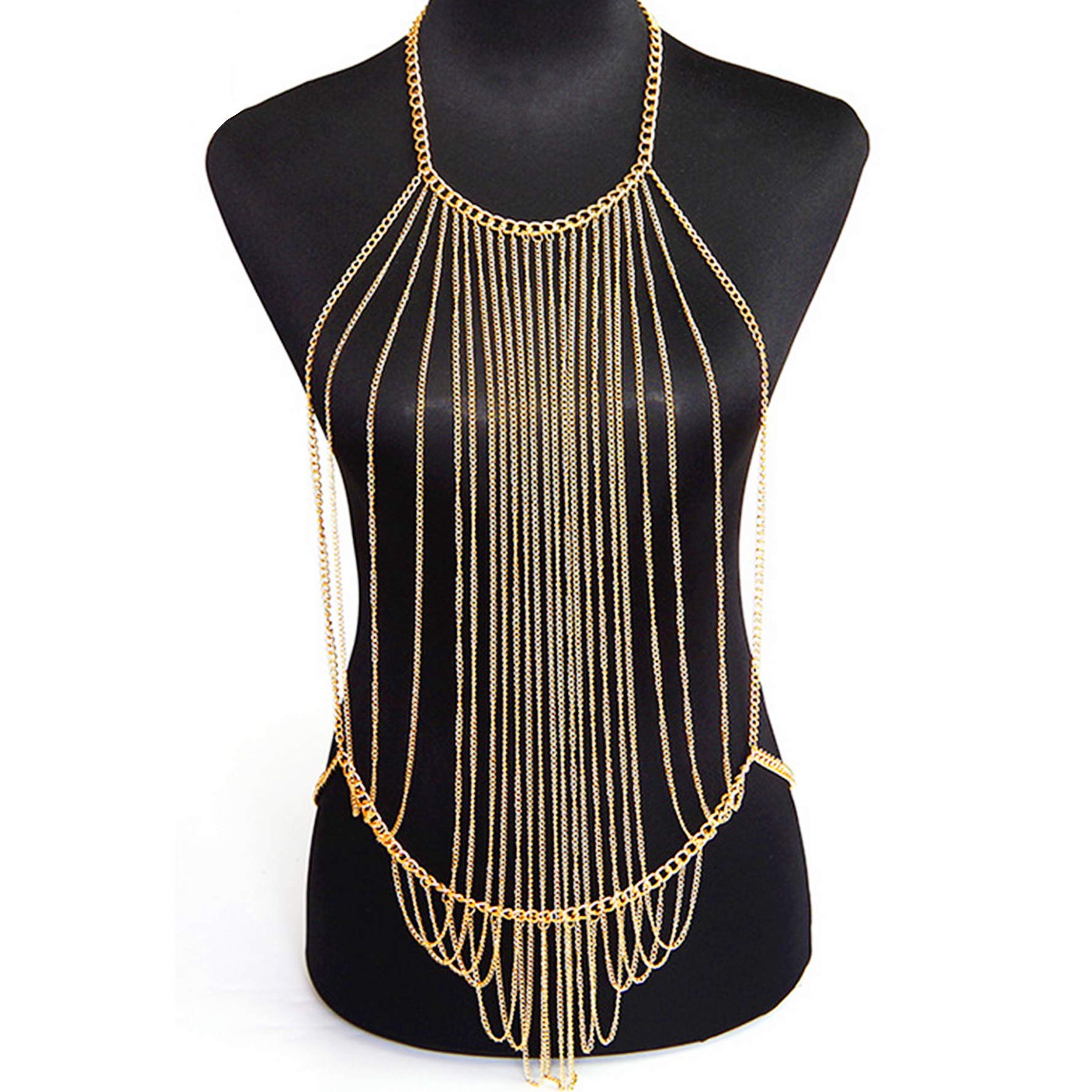 Golden Body Chain Vertical Layered Sexy Gold Tassels, Diamond Necklace Fashion Jewelry Belly Chest Bra Hot Bikini Beach Club Party Harness Birthday Anniversary Holiday Gifts for Women Ladies Girl