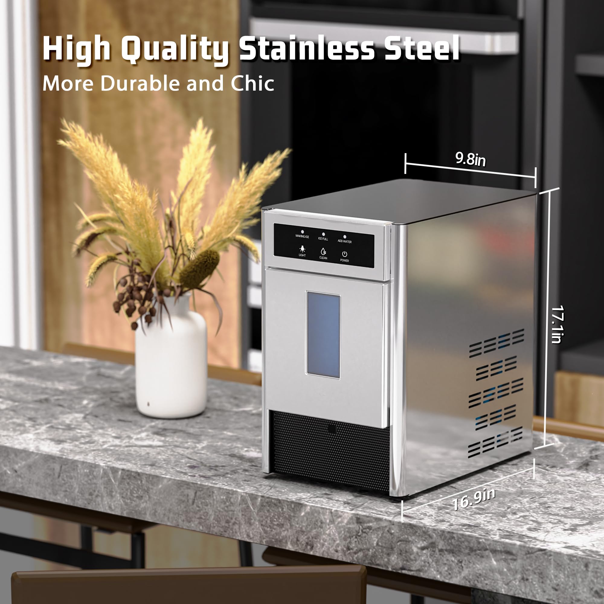 Rosmena Nugget Ice Maker, 40Lbs/24H Countertop Ice Maker, Self-Cleaning Pellet Ice Machine with 4.4 Lbs Basket, Auto Water Refill, Chewable Pebble Ice Maker for Home Kitchen Party, Stainless Steel
