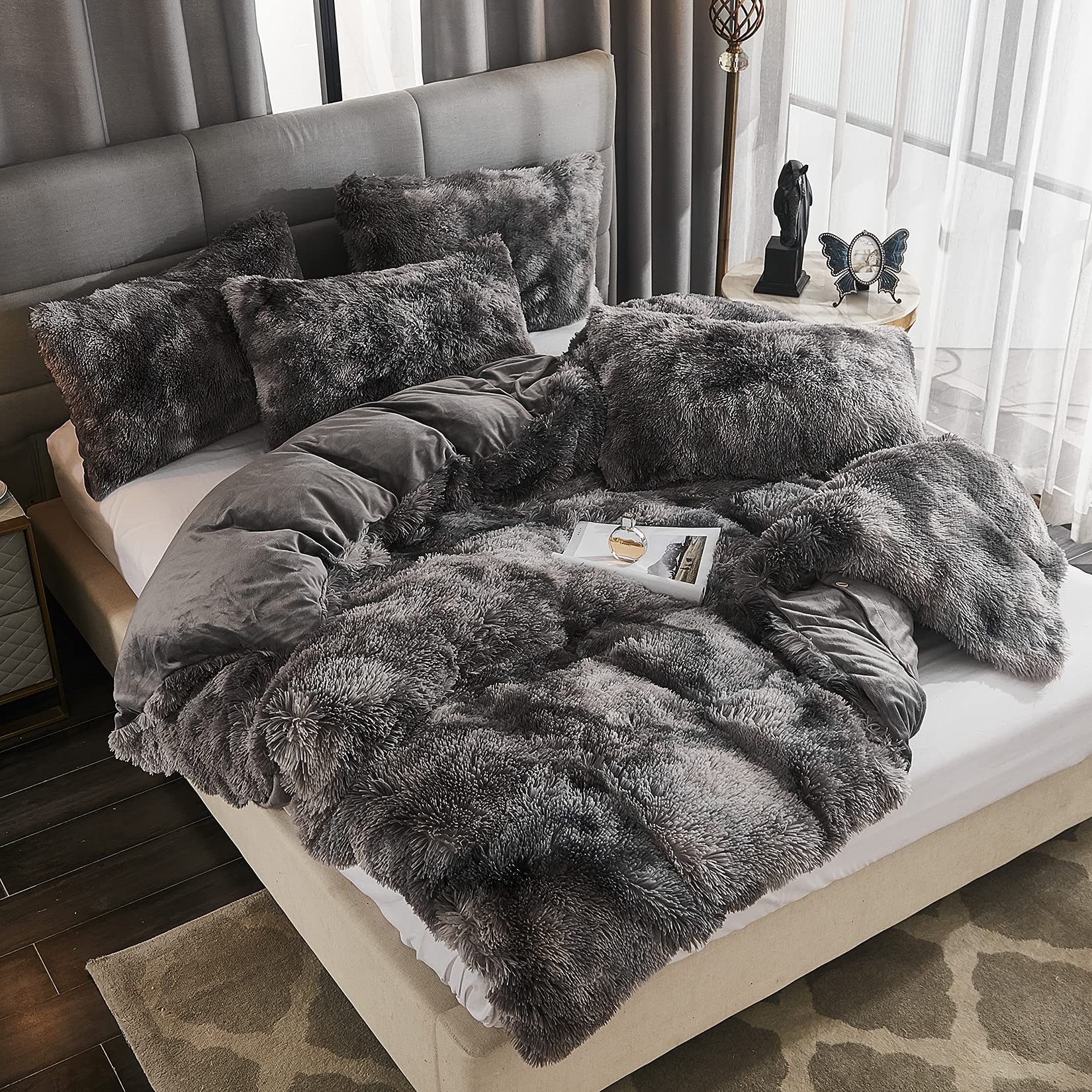 WERDIM Shaggy Fluffy Tie Dye Duvet Cover Set Button Closure Velvety Bedding Set Comforter Cover with Pillowcases Tie Dye Dark Grey, Twin Size