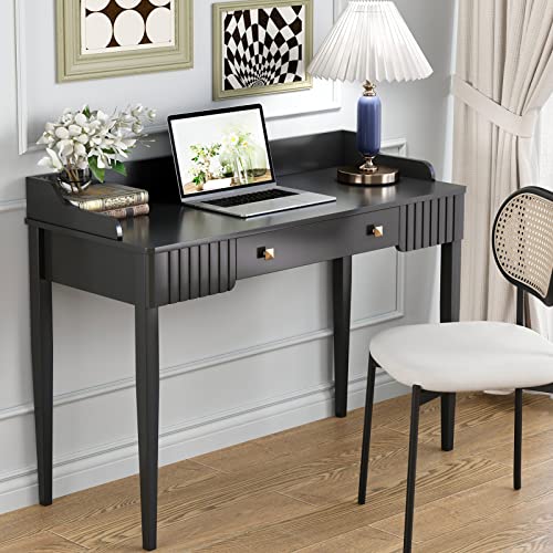 ukorua White Vanity Desk Wooden Desk with Drawer Modern Desk Computer Desk White Makeup Table with Gold Handle (Black)