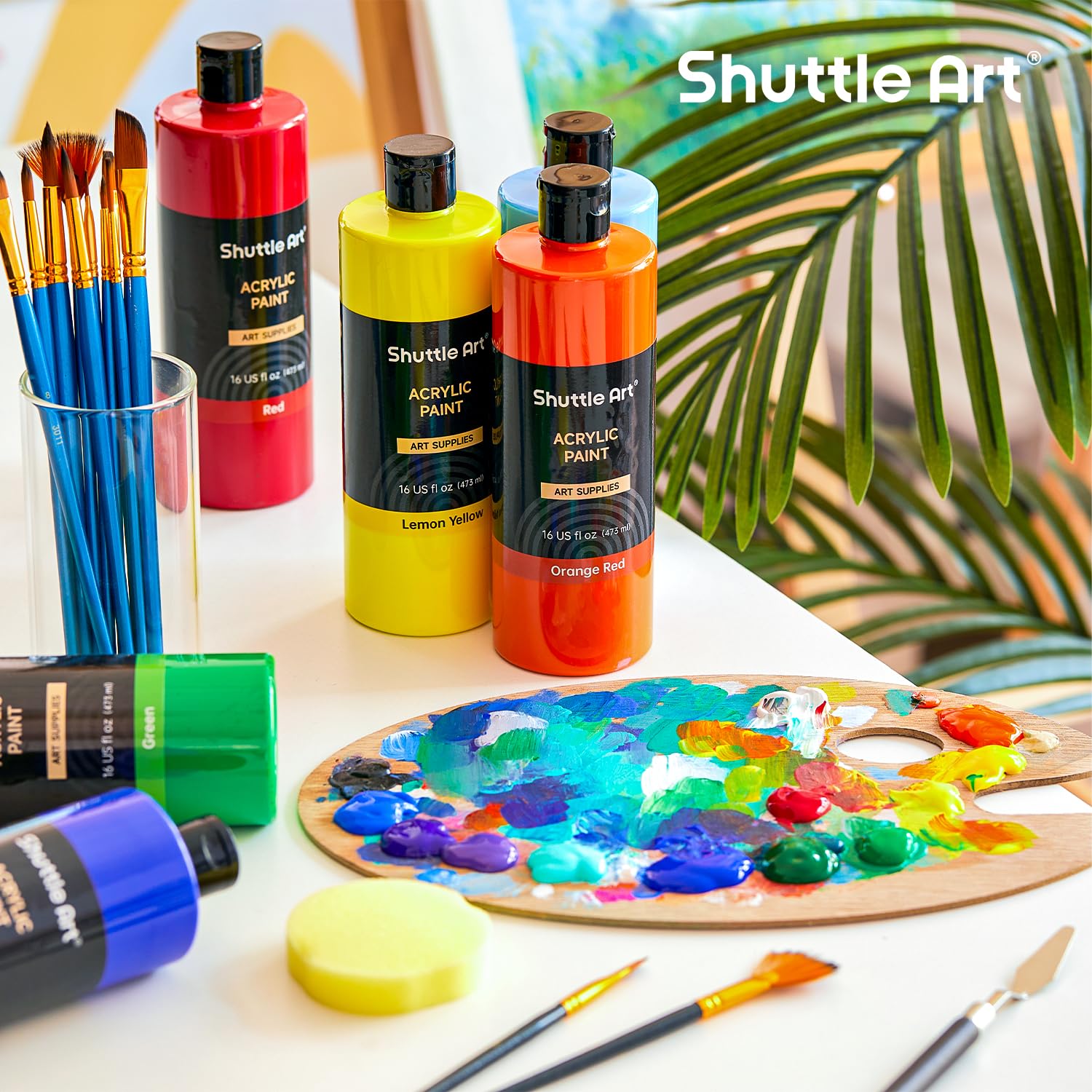 Shuttle Art Acrylic Paint, 12 Colors Acrylic Paint Large Bottle Set, 473ml/16oz Each, Rich Pigments, High Viscosity, Bulk Paint for Artists, Beginners and Kids on Rocks Crafts Canvas Wood Ceramic