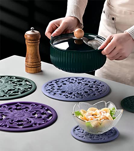 Viwehots Silicone Trivets Mats -Silicon Mat for Hot Pots and Pans, Round Hot Pads and Mats, Flexible Modern Kitchen Table Mat, Heat Resistant Multi-Use Carved Teapot Coaster Set of 3 Teal