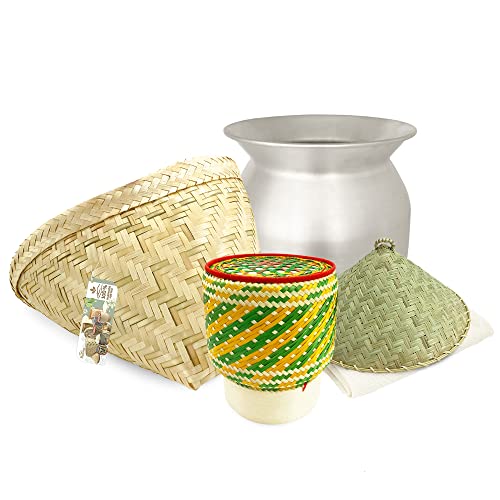 PANWA Combo Sticky Rice Cooking Set Aluminum Cook Pot Standard Diameter (22 cm) with Sticky Rice Cooking Basket and 24’’ Cheesecloth Filter Wicker Lid and Kratip Container Multicolor 5.5 In
