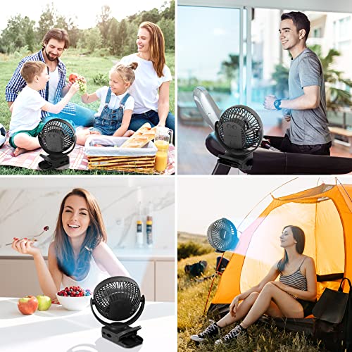Portable Clip on Fan 65 Working Hours, Camping Fan with LED Lights & Hook, 12000 Capacity Battery Operated Fan with Clamp, USB Rechargeable for Desk, Tent, Treadmill, Stroller, Golf Cart, Home