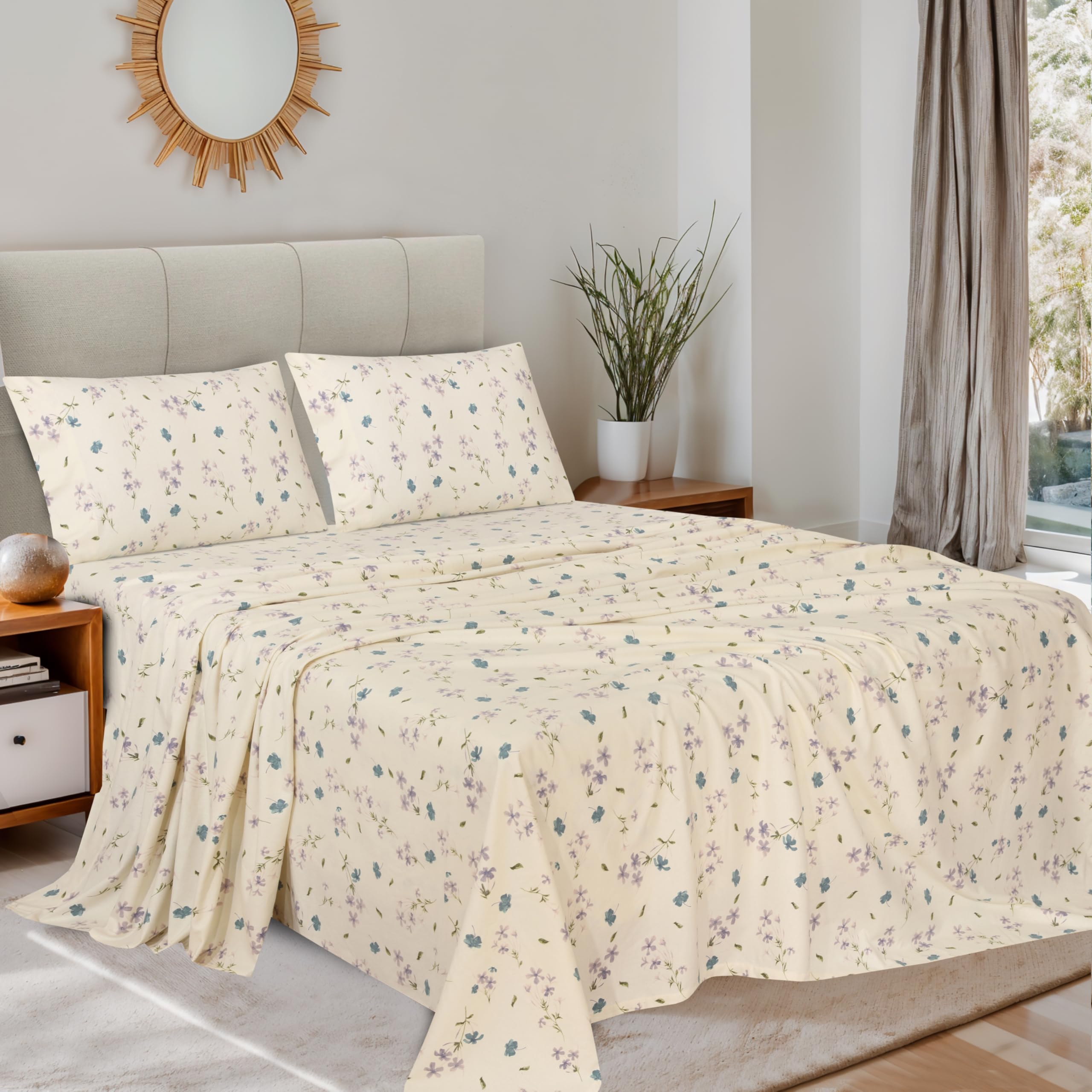 RUVANTI Flannel Sheets Twin Size - 100% Cotton Double Brushed Twin Sheets Set, Deep Pockets 16 Inches, All Seasons Breathable & Extra Soft Bed Sheets, Warm & Cozy, 3 Piece, Jasmine Stamp Cream