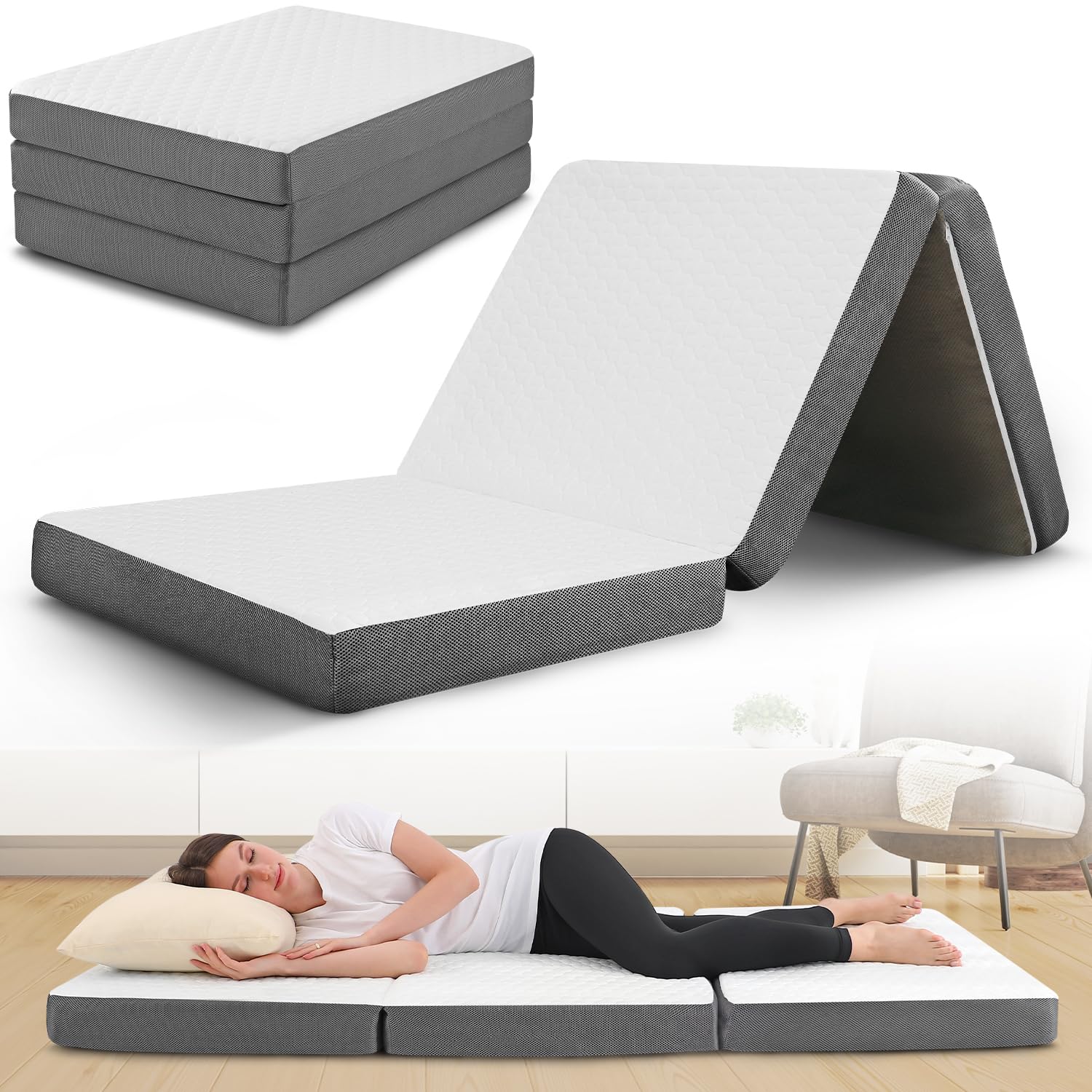 Tri Folding Mattress Twin with Memory Foam Layer - 4 Inch Trifold Foldable Bed Mattress with Washable Cover | Twin Size Mattress 75" x 38" x 4" Non-Slip Bottom Camping Floor Mattress Guest Bed