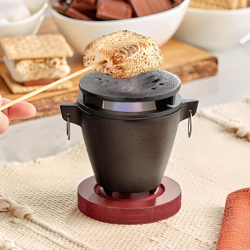 OCS Parts Pro Chef Series 4-Pack Mini Tabletop Cast Iron Grills with Wood Base and Fuel Holder for Hibachi, Smores, and Appetizers