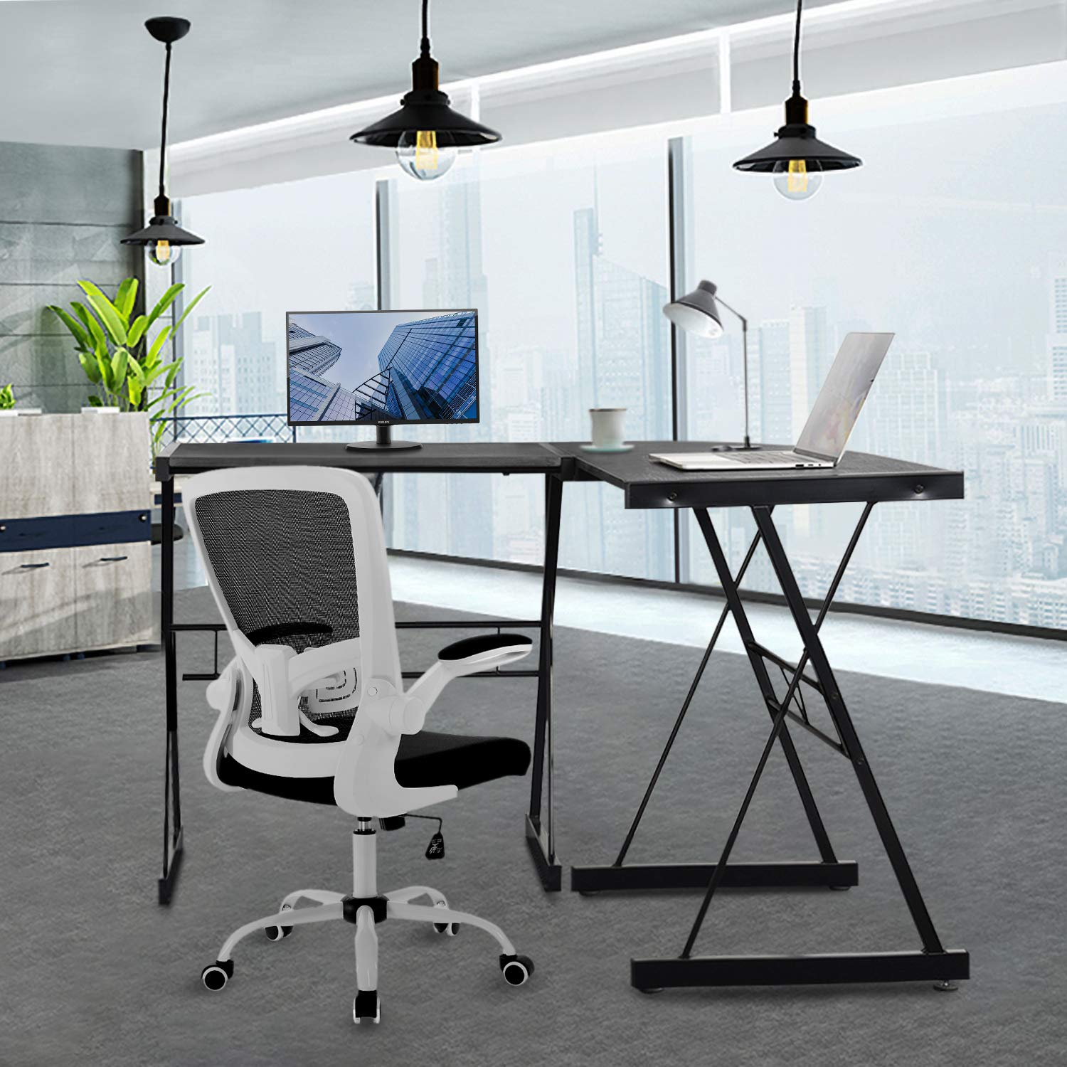 GreenForest L Shaped Corner Desk, Industrial Style Computer Gaming Desk PC Laptop Workstation for Home Office, Black