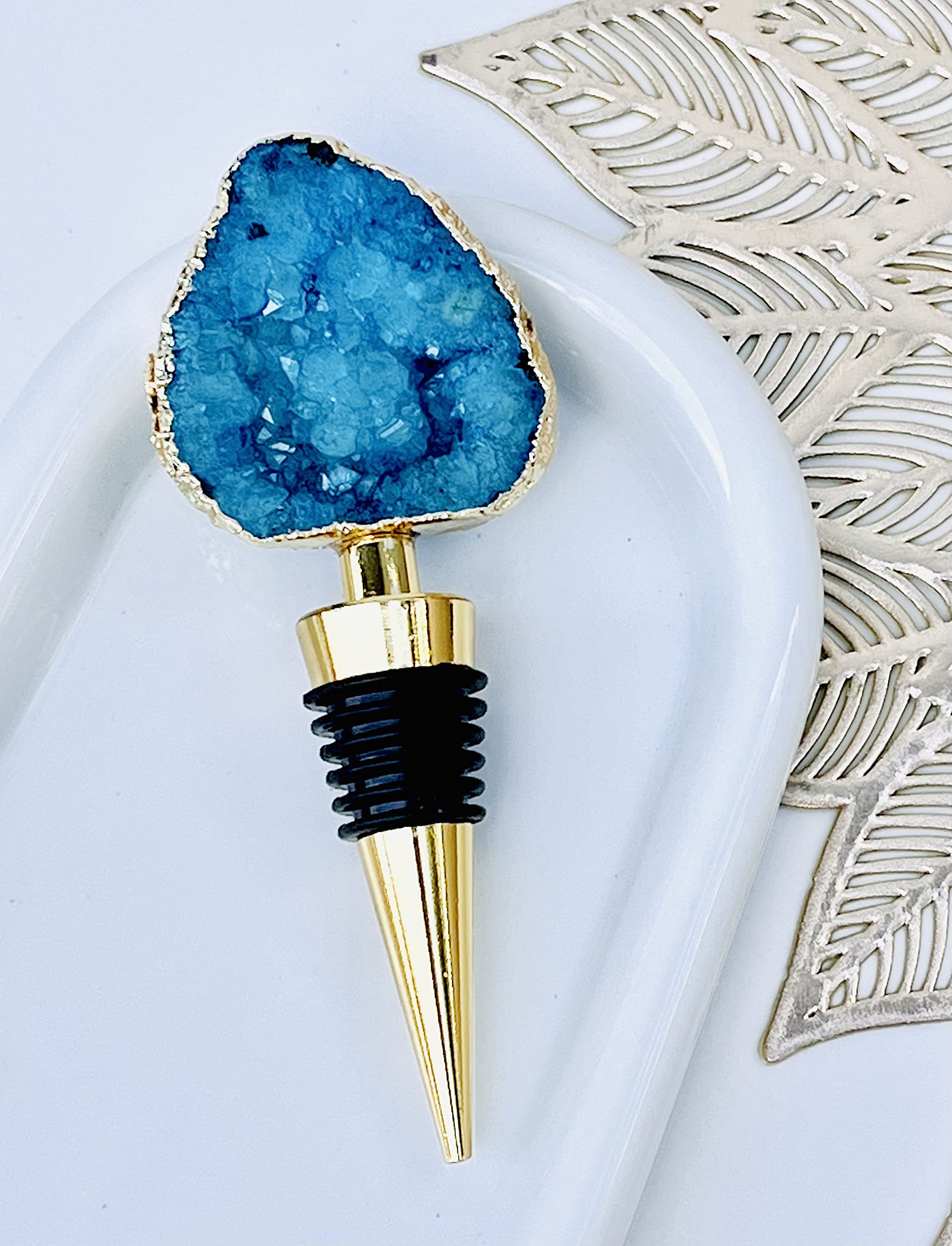 LUXE CRYSTAL CO. Handcrafted Teal Green Natural Crystal Geode Agate Druzy Gold Electroplated Crystal Wine Champagne Stopper Handmade Bottle Barware Housewarming Bridal Shower Gift