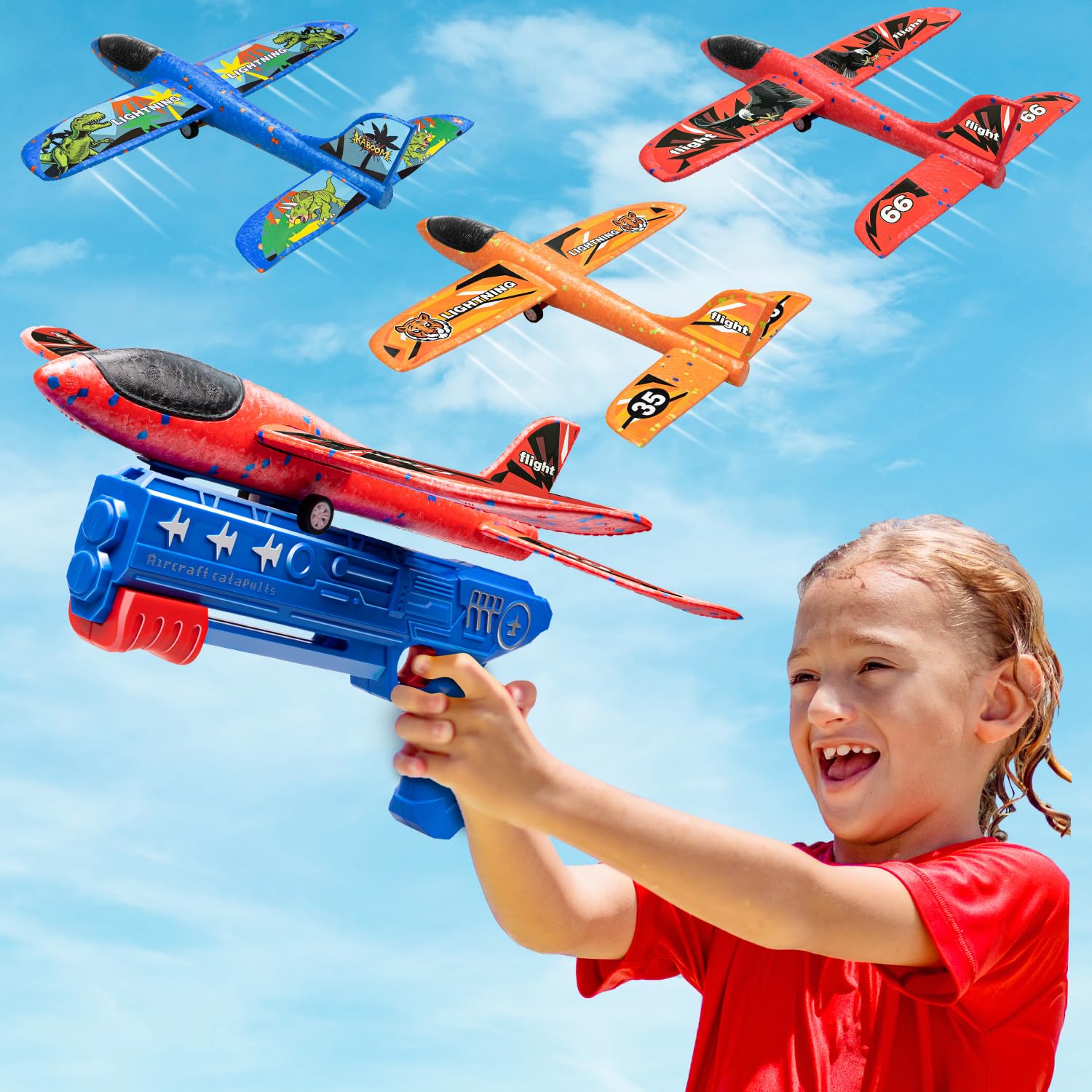 Funmas 3 Pack Airplane Launcher Toys, 2 Flight Modes Throwing Foam Glider Catapult Plane, Outdoor Flying Game Outside Toys for Ages 3 4 5 6 7 8 9 10 11 12 Years Old Boys Girls Kids Birthday Gifts