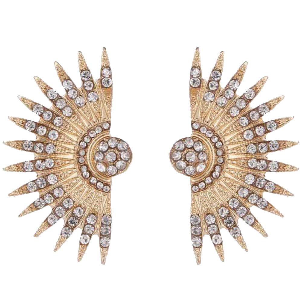 Gold Tone Art Deco Antique Vintage Style Flapper Fan Wings Rhinestone Wedding Bridal Prom Statement Earrings