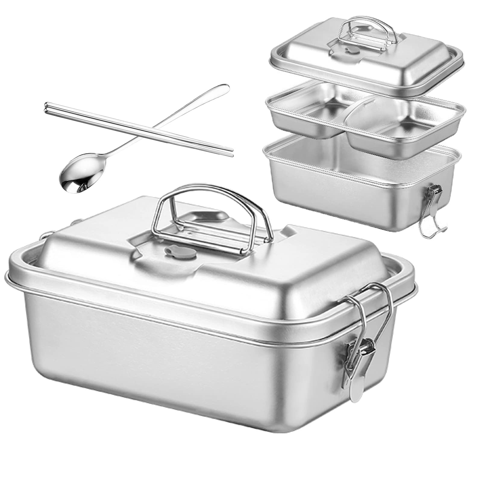 Leak-Proof Stainless Steel Bento Lunch Box - Adult Lunch Container with Safety Latch, Chopsticks and Spoon Included - Easy to Clean & Dishwasher Safe - Get Your Meal on the Go with our Metal Bento Box