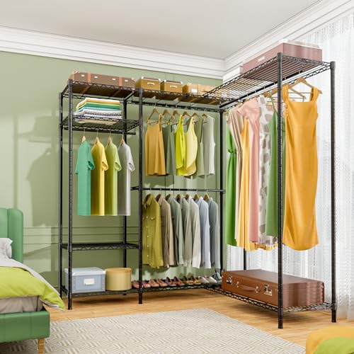 Ulif L2 Heavy Duty L-Shaped Garment Rack, 5-Tier Freestanding Clothes Rack with Shelves, Closet Organizer Storage System for Corner and Small Bedroom, 44"W x 43.3"L x 77.6"H, Max Load 802 LBS, Black
