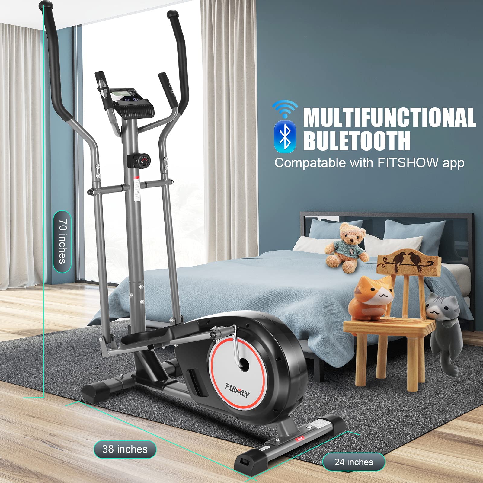 FUNMILY Elliptical Machine for Home, Elliptical Machine Cross Trainer with APP, 8 Level Magnetic Elliptical with LCD Monitor and Pulse Sensors Max Capacity 390lbs (Silver)