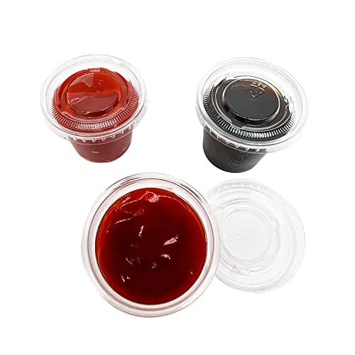PartyMars 1 oz Plastic Disposable Dipping Sauce Cup With Lids, Mini Plastic Dip Condiment Containers,Souffle Cups,Portion Cups, Jello Shot Cups