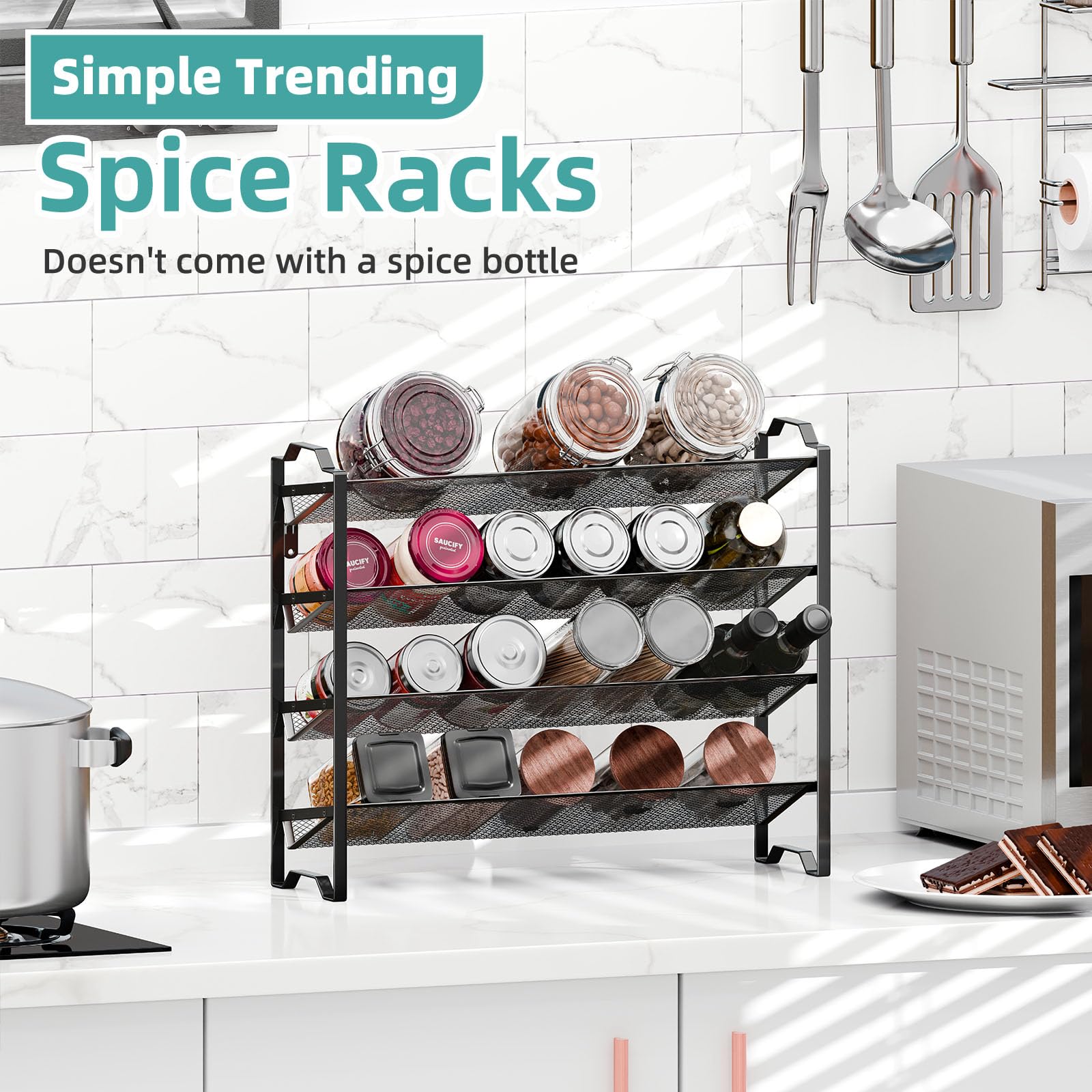 Simple Trending 2-Pack 4 Tier Spice Rack Organizer,Stackable Kitchen Counter Shelves,for Cabinet,Countertop,Pantry, Door or Wall Mount, Metal Mesh,(Jars not Included), Black