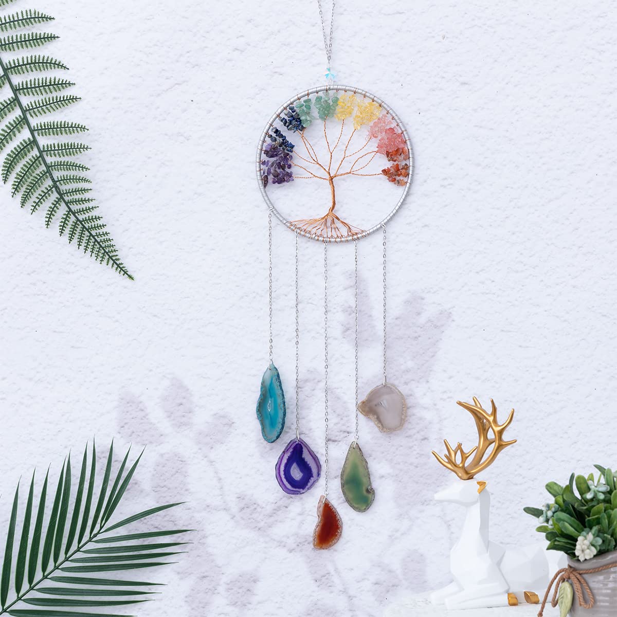 Gem Dream Catchers Agates 7 Chakra Gemstone Wall Hangings Tree of Life Meditation Ornament Home Chakra Feng Crystals Decor Stoneā¦