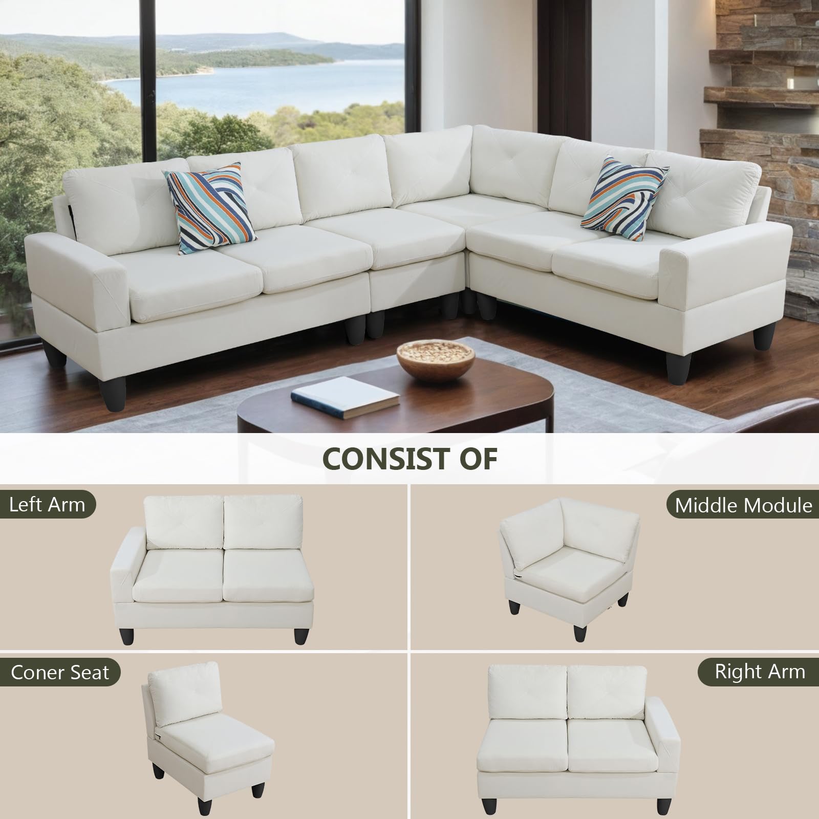 Rovibek Sofa Couches U L Shaped 6-Seater for Living Room, White