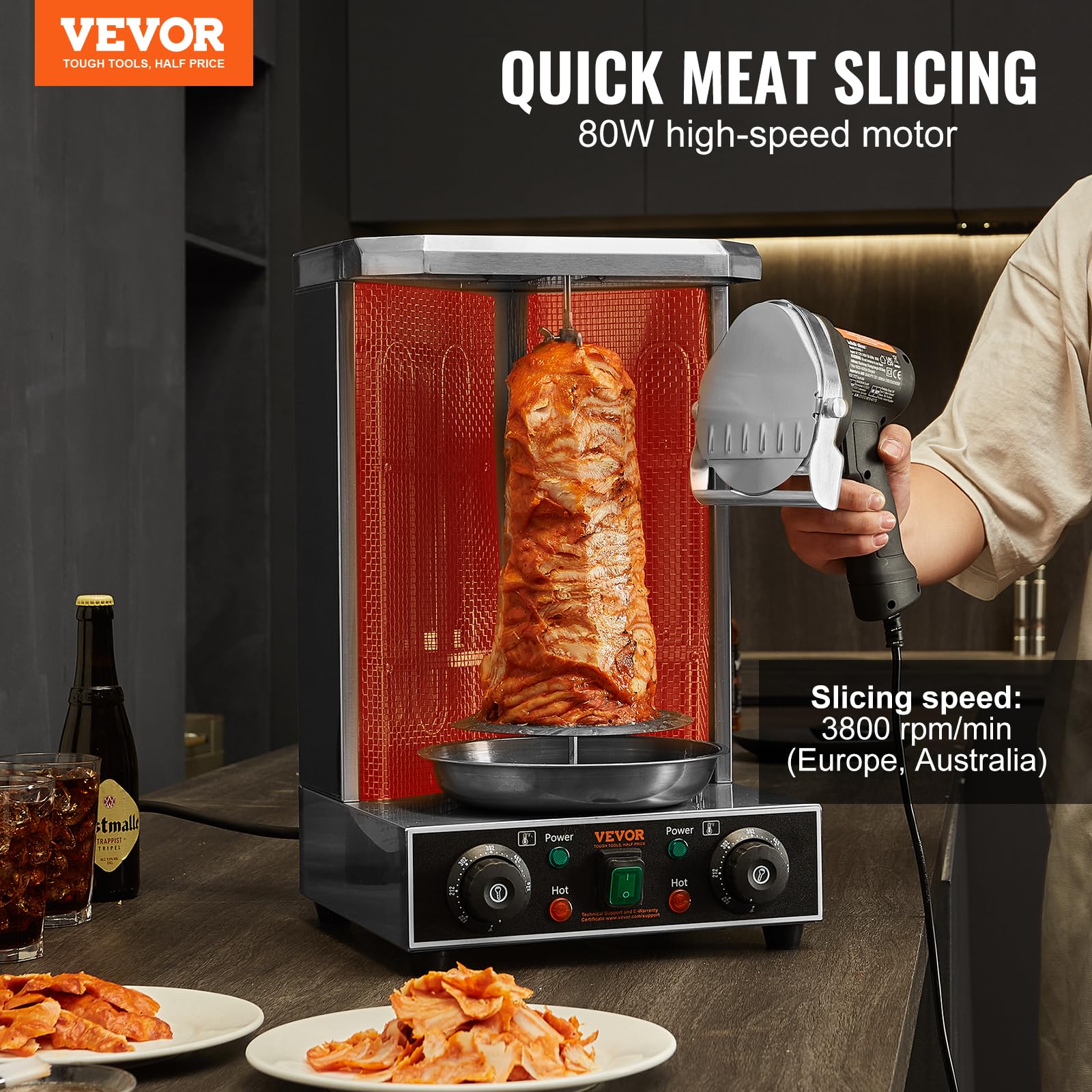 VEVOR Electric Shawarma Knife, 80W Professional Turkish Kebab Knife, Commercial Stainless Steel Gyro Cutter, Doner Kebab Meat Slicer with 2 Blades, Φ4/100mm Blade Diameter, 0-8mm Adjustable Thickness