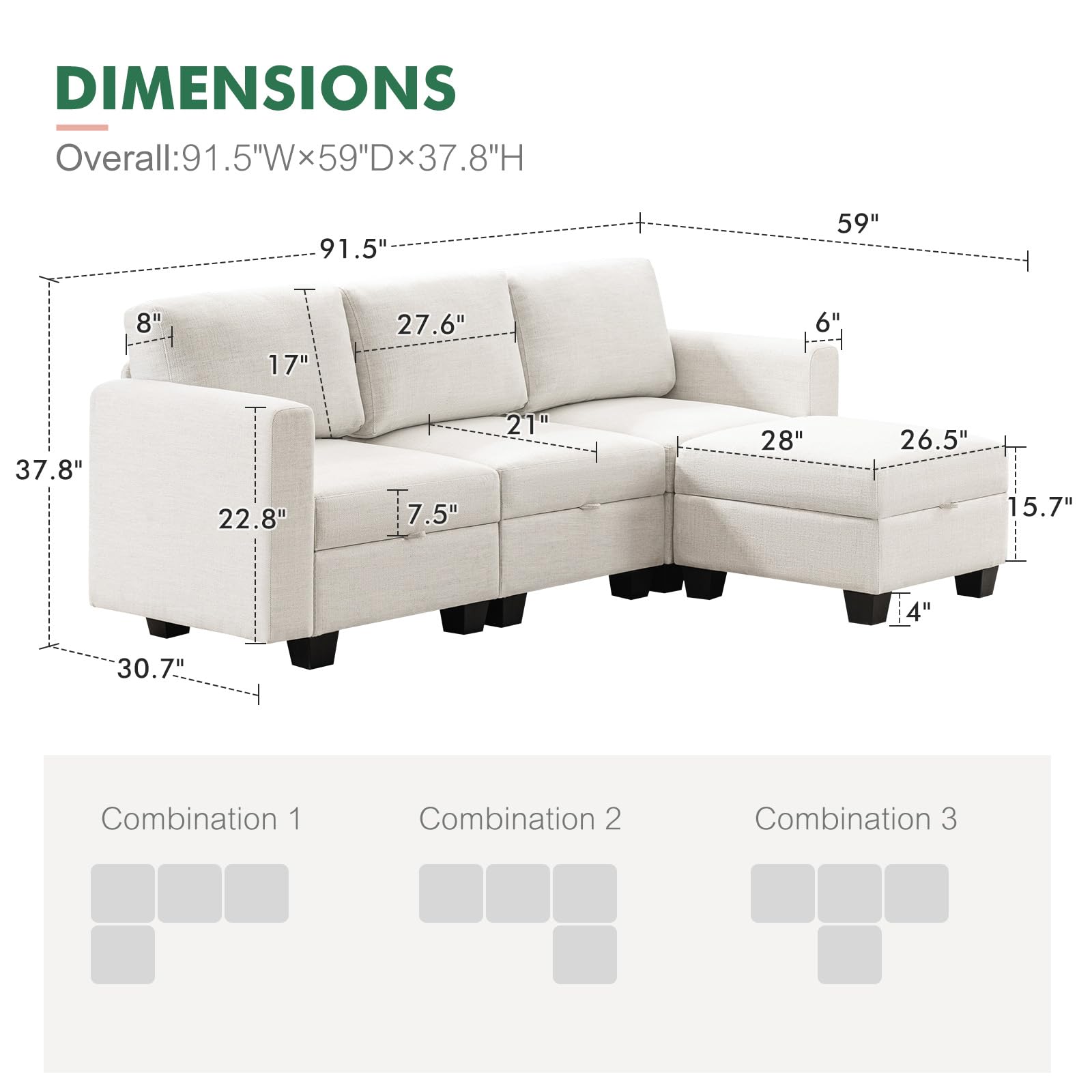 WACASA Convertible Sectional Sofa Couch with Storage, 3 Seat Sofa Modern Linen Fabric Upholstered L-Shaped Couch with 91.5'' Wide Seat, Comfy Sofa Sleeper Couches for Living Room Bedroom, Ivory