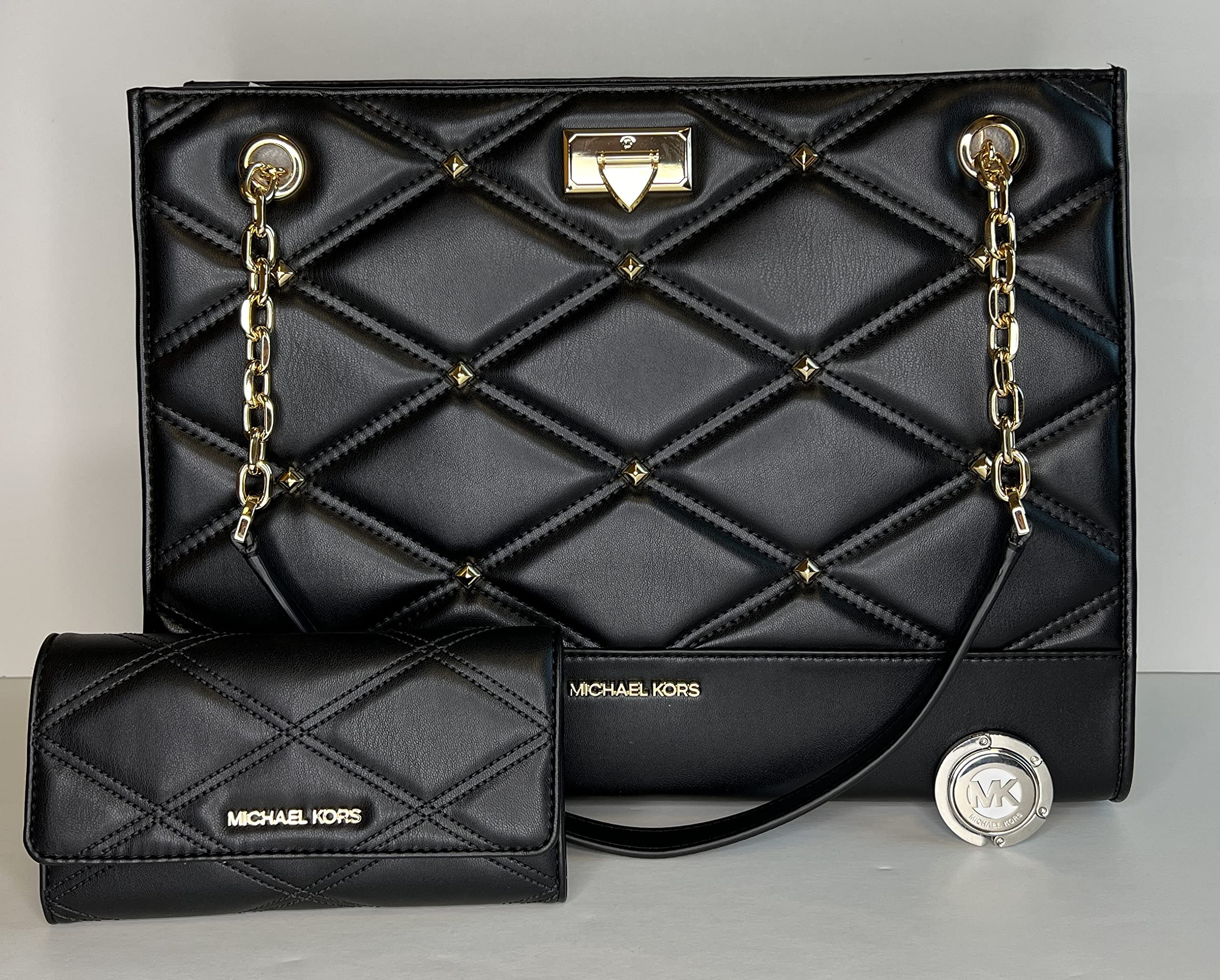 Michael Kors Serena LG EW Chain Shoulder Tote bundled with Trifold Wallet and Purse Hook (Black)