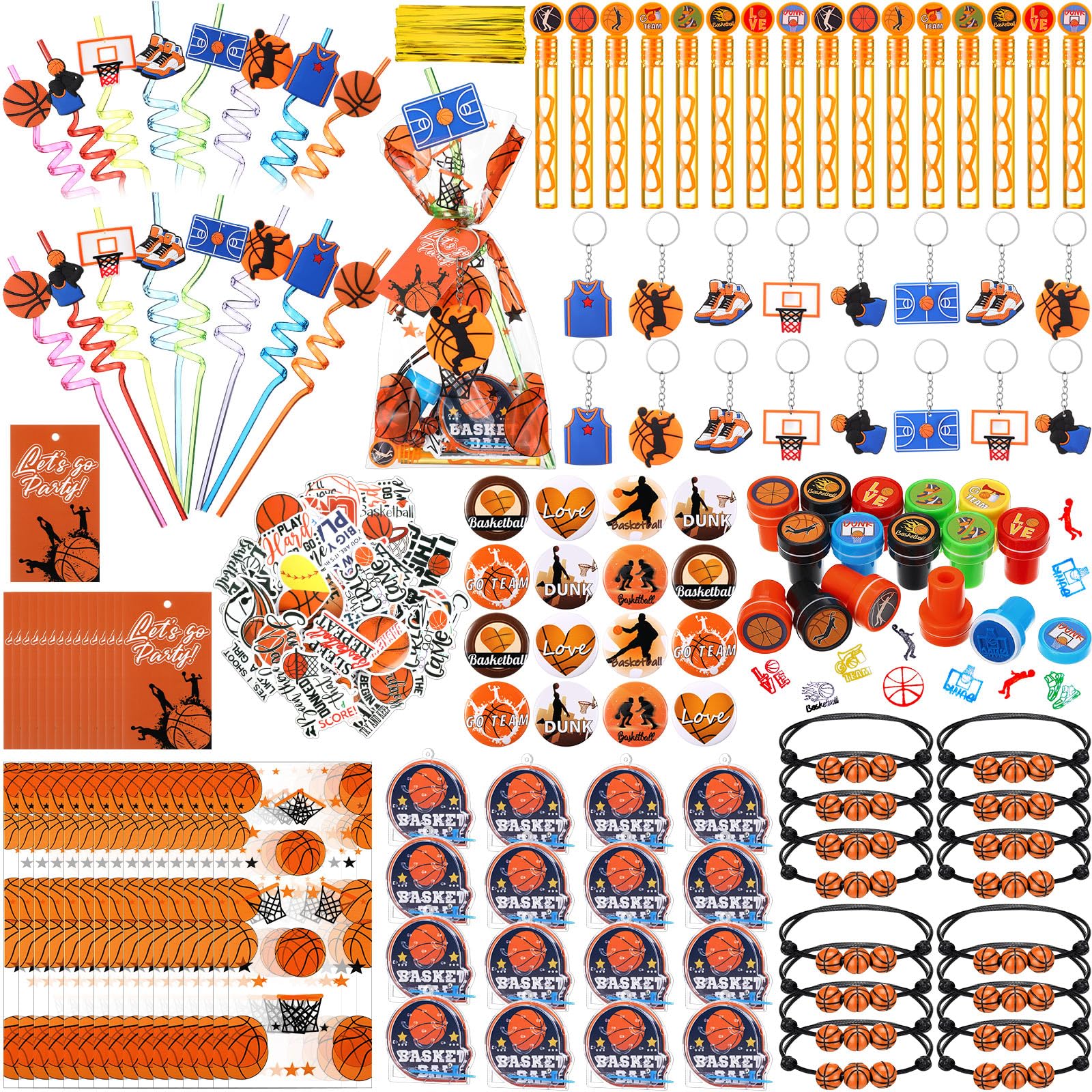 Saypacck 229 Pcs Party Favors with Ball Bracelets Mini Pinball Mini Bubble Wands Straws Keychains Badges Stickers Stamps Gift Bags Party Tags for Birthday Themed Party Sport Supplies(Basketball)