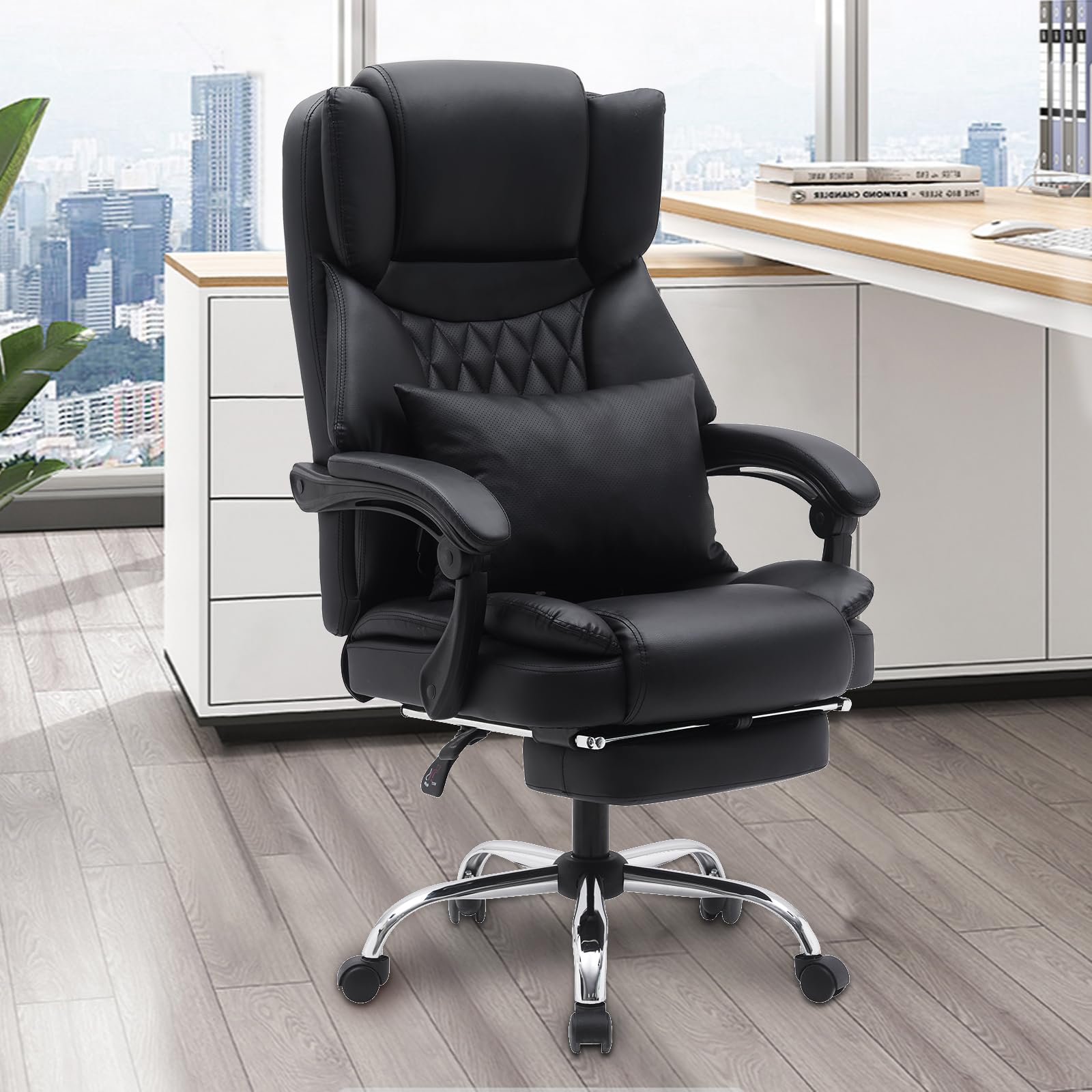 Office Chair-Ergonomic Computer Chair with Extra Lumbar Support Pillow and Footrest, Comfortable Office Chair, Adjustable Height, Fully Reclining, Black