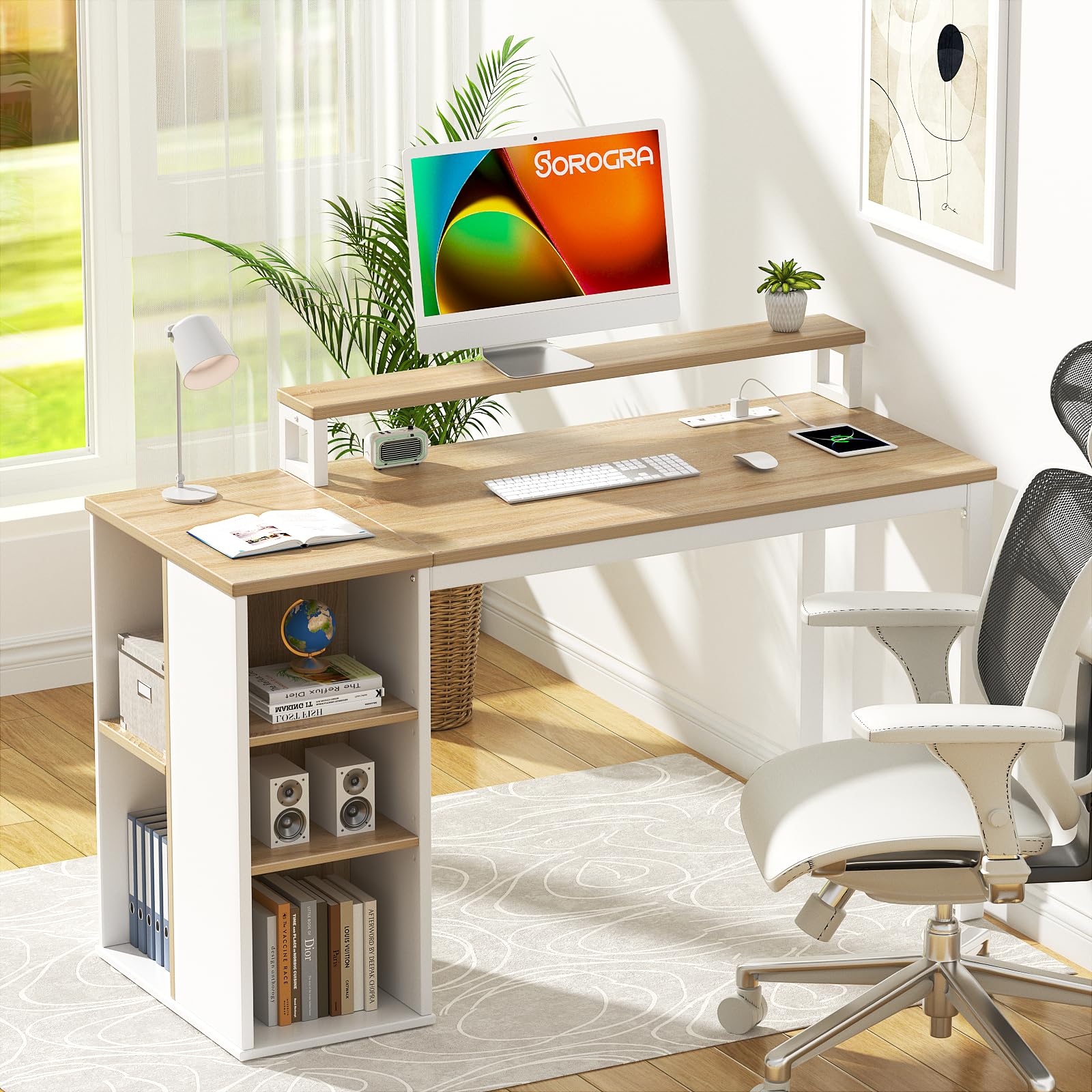 SOROGRA Small Computer Desk with Storage Shelves 39.4 inch Home Office Desk with LED Lights and Power Outlets, Writing Desk with Monitor Stand for Bedroom, Small Space, Oak