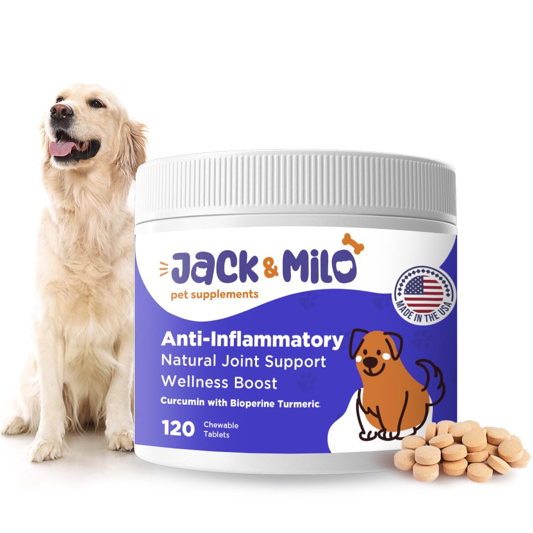 Supplement Anti Inflammatory for Dogs with Turmeric, Hip, and Joint - Dog Arthritis Pain Relief, Support for Mobility & Wellness, USA Made-GMP Certified, Non-GMO, 120 Tablets - Jack & Milo