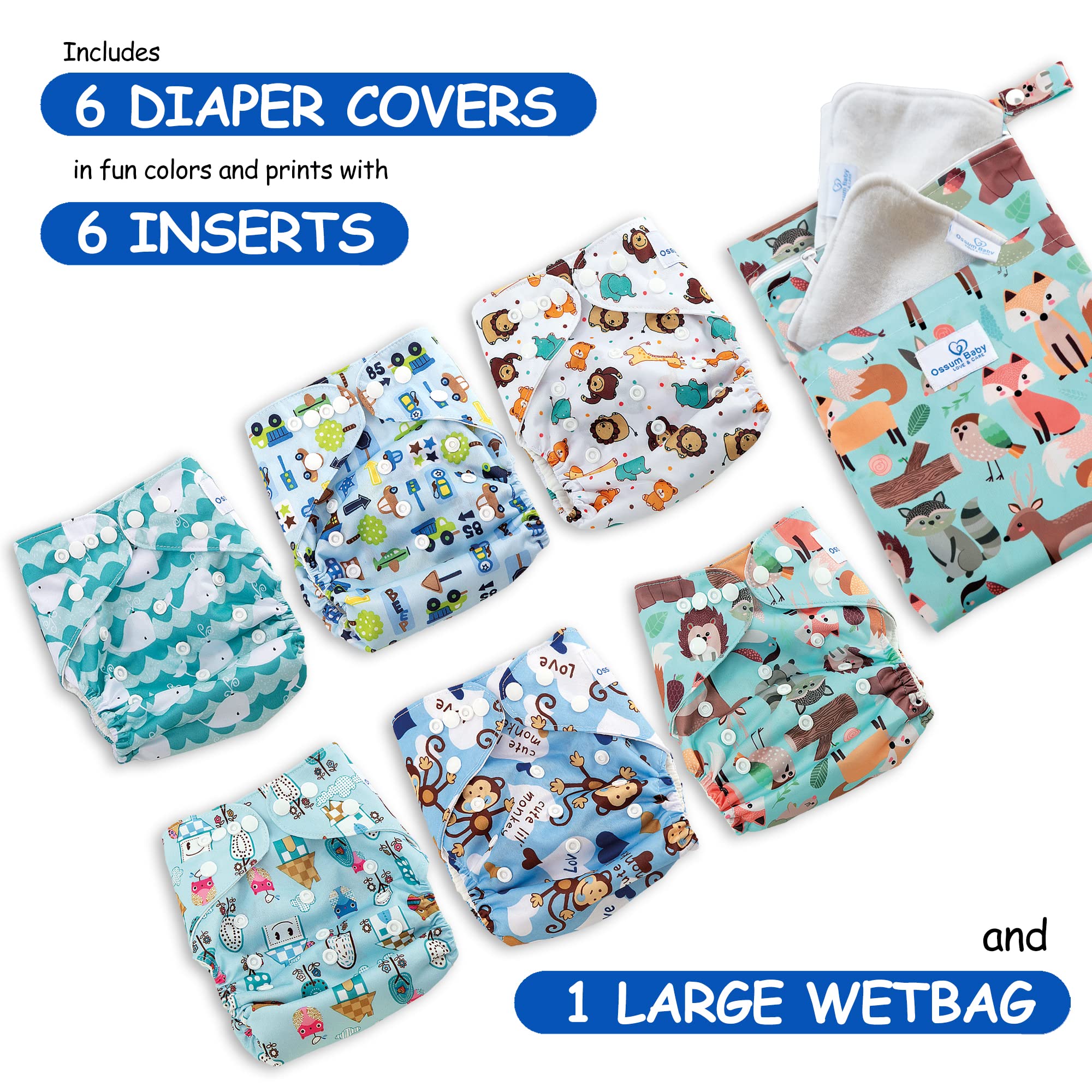 Ossum Baby Premium Cloth Diapers (New) - 6 Diaper Covers + 6 Bamboo Cotton Inserts (Super Soft & Absorbent) + Wetbag (B01), 0-24 Month, BG1