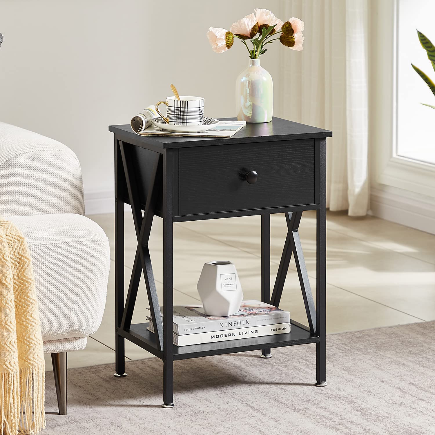 VECELO Modern Side End Table, Nightstand Storage Shelf with Bin Drawer for Bedroom, Lounge