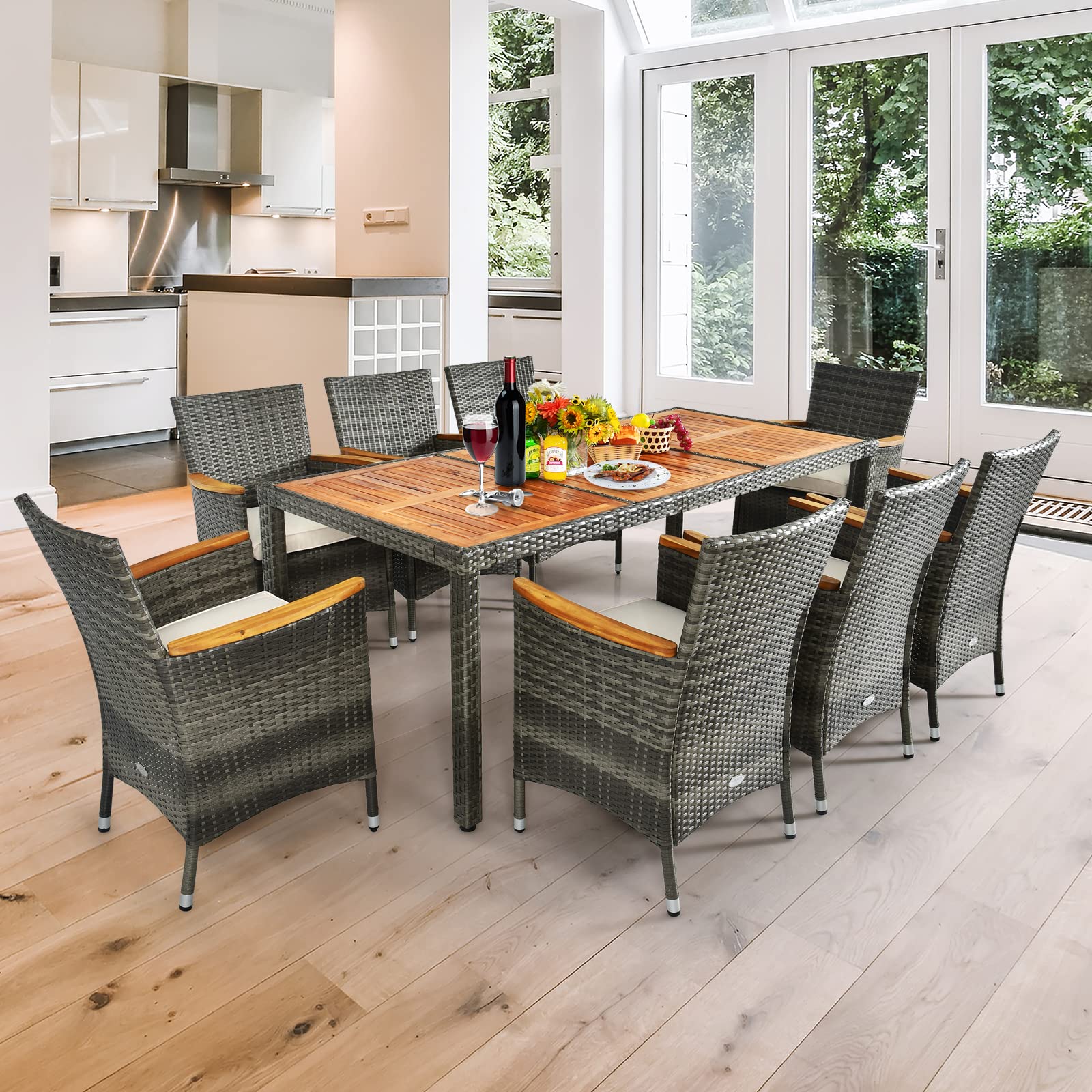 Toolsempire Patio Dining Set Outdoor Dining Set, 9 Pieces Wicker Patio Furniture Set with Acacia Wood Table and Chairs, Garden Dining Table Set for Backyard, Desk, Poolside, Christmas(Grey)