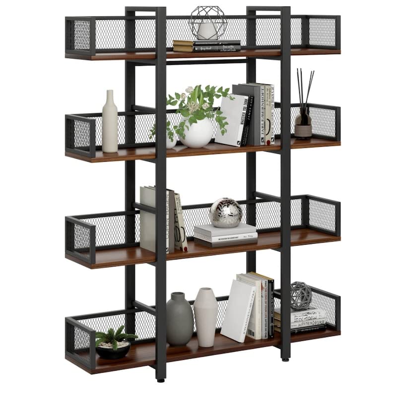 TODDLA 4 Tier Industrial Book Shelf, Solid Wood Bookcase, Rustic Book Case, Metal and Wood Book Shelf, Pine Wood Bookshelves, Real Wood Bookshelf