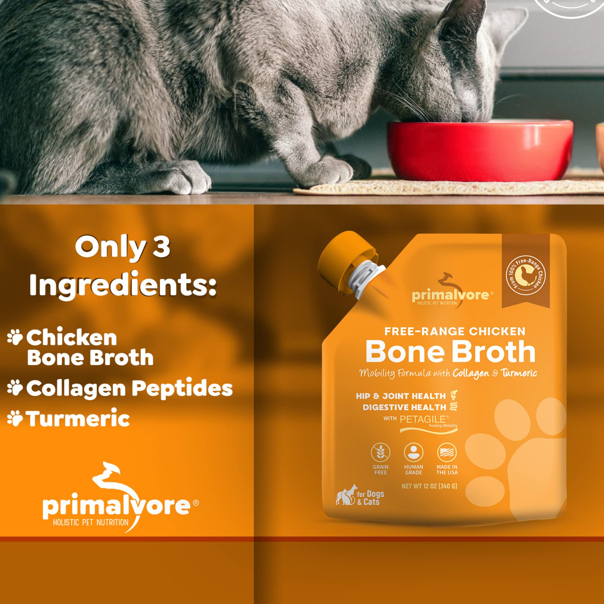 Primalvore Free-Range Bone Broth for Dogs &Cats, Mobility Formula w/Collagen Peptides to Help Support Hip & Joints, Digestion, Skin & Coat and Hydration, Human Grade, Mix 4 Pack Chicken and Duck