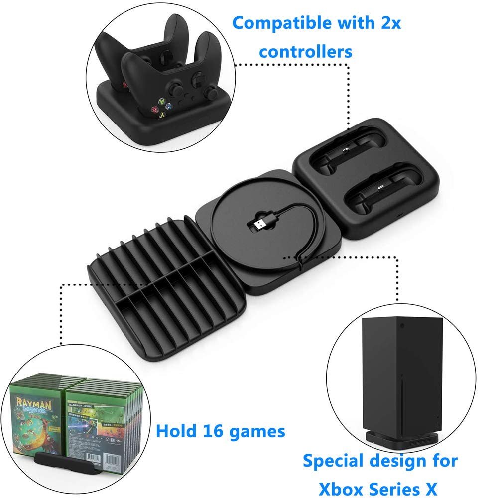GOTRUTH 3-in-1 Vertical Stand for Xbox Series X, Dual Controller Charging Docking Station with 16 Games Storage 4 USB Port Compatible with Xbox Series X