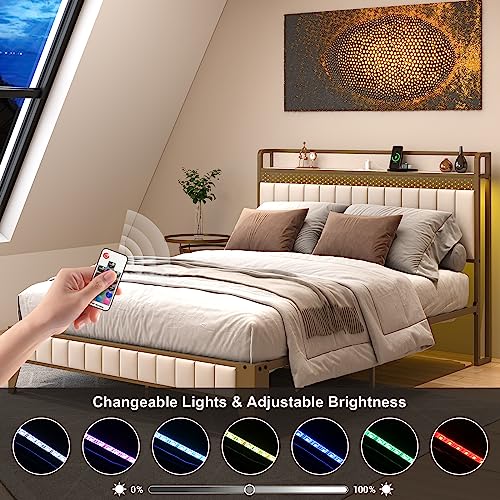 Saudism LED Bed Frame with Charging Station, King Size Bed Frame with Headboard Storage, Sturdy and Durable, No Box Spring Needed, Gold+Beige