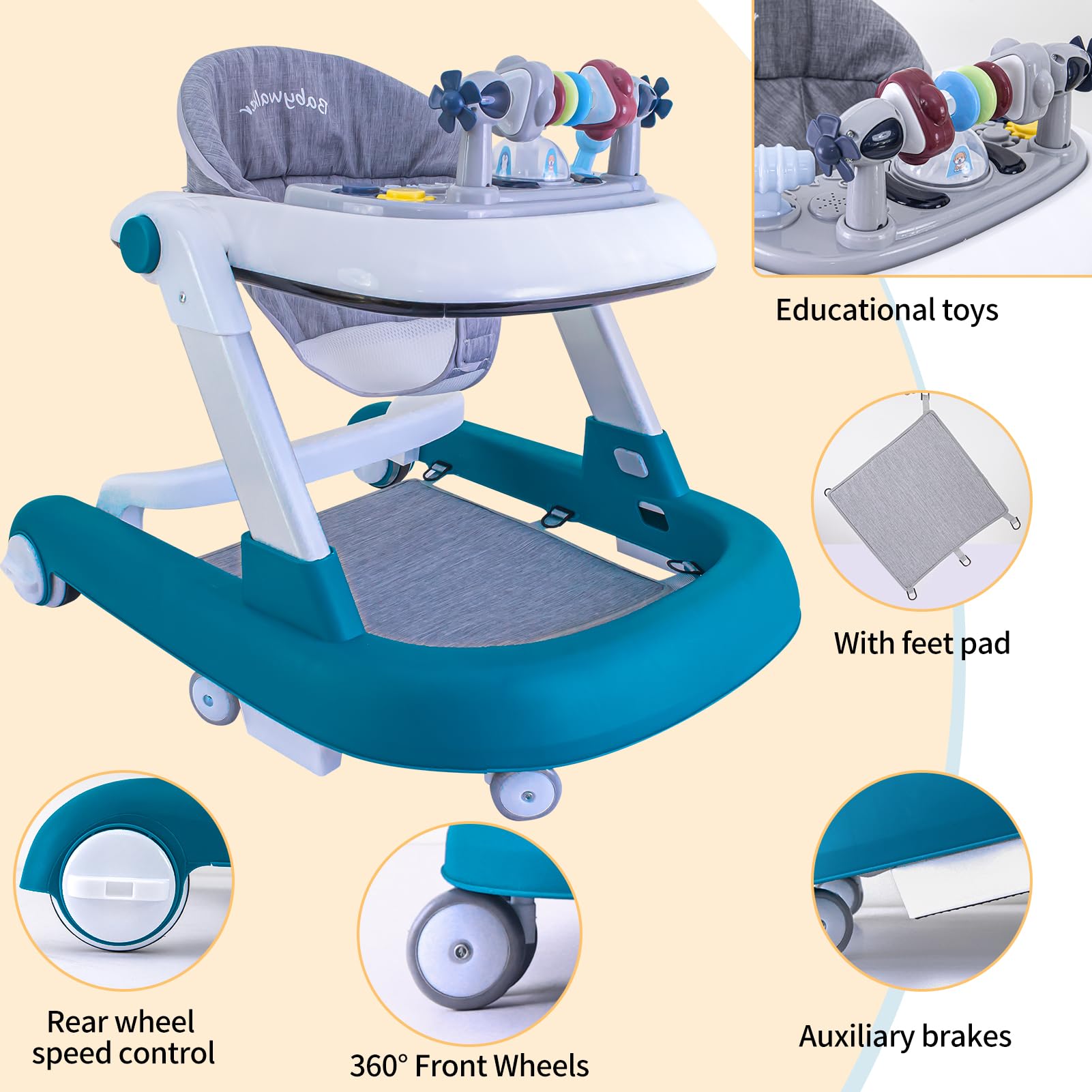 Foldable Baby Walker, 3 in 1 Toddler Walker Bouncer, Learning-Seated, Walk-Behind, Music, Adjustable Height, High Back Padded Seat, Detachable Trampoline Mat, Activity Walker with Toys (Green)